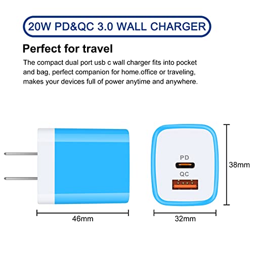 USB C Wall Charger, 2-Ports 20W USB A and USB C Charger Block [PD/QC 3.0], 3Pack USB-C Power Wall Plug Adapter Brick for iPhone 14/13/12/Pro/11/Pro Max/Mini, iPad/Pro, AirPods, Pixel, Samsung Galaxy
