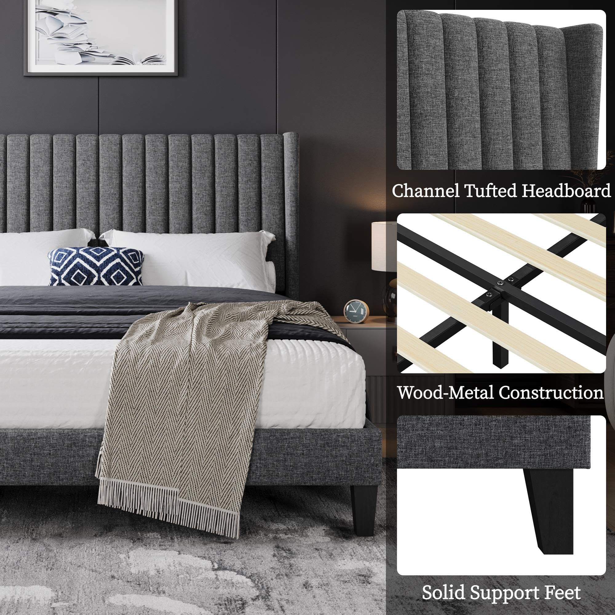 Yaheetech Queen Bed Frame Upholstered Platform Bed with Fabric Headboard, Wing Edge Design/Non-Slip and Noise-Free/Wooden Slats Support/No Box Spring Needed/Easy Assembly, Dark Gray Queen Bed