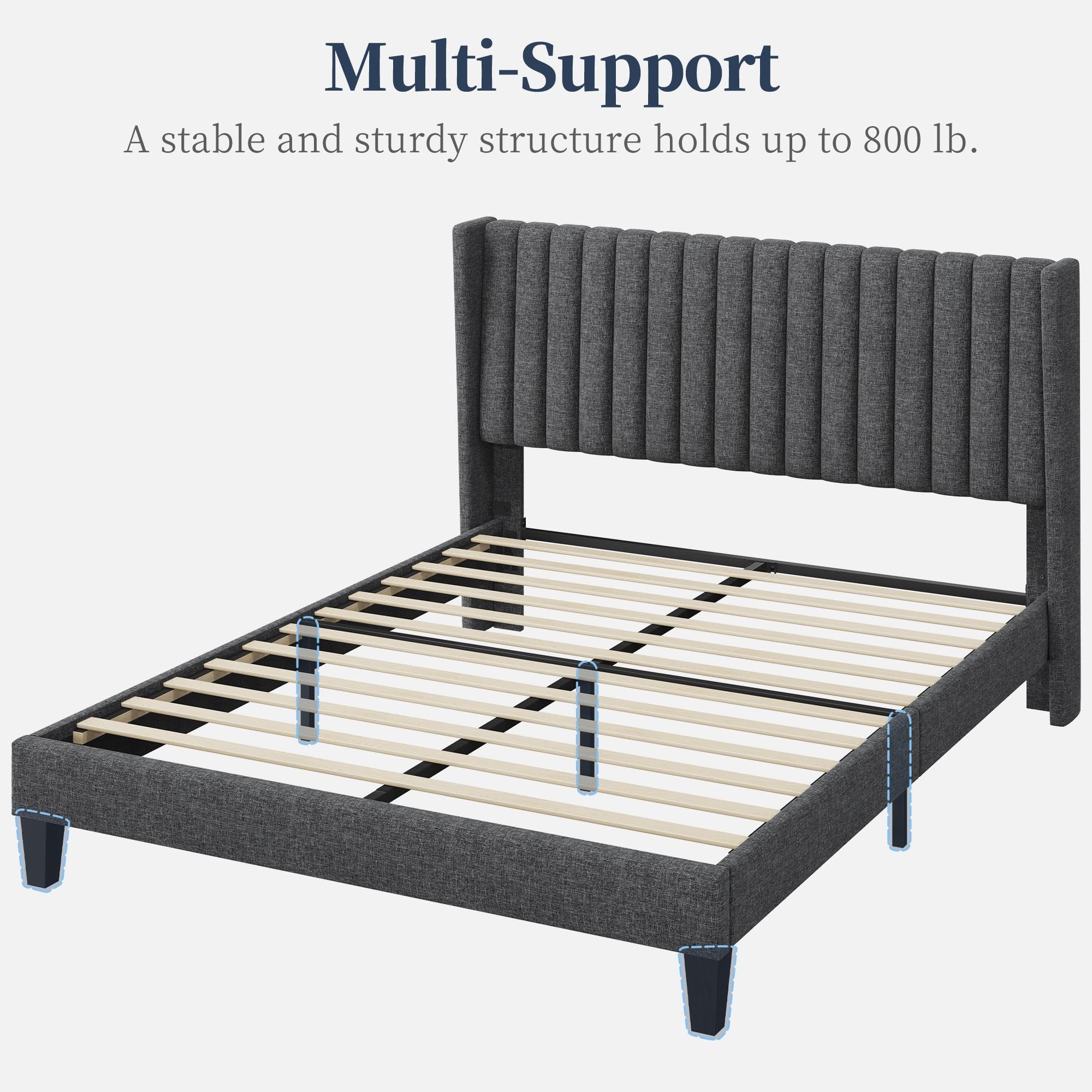 Yaheetech Queen Bed Frame Upholstered Platform Bed with Fabric Headboard, Wing Edge Design/Non-Slip and Noise-Free/Wooden Slats Support/No Box Spring Needed/Easy Assembly, Dark Gray Queen Bed