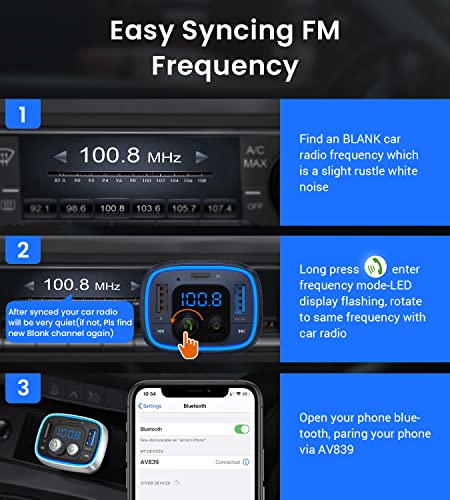 AINOPE Fm Transmitter Bluetooth Car Adapter, 36W/6A PD&QC3.0 Bluetooth Radio Transmitter Car Adapter, 7-Colors LED Backlit V5.0 Bluetooth Adapter Car, Wireless Call - Blue