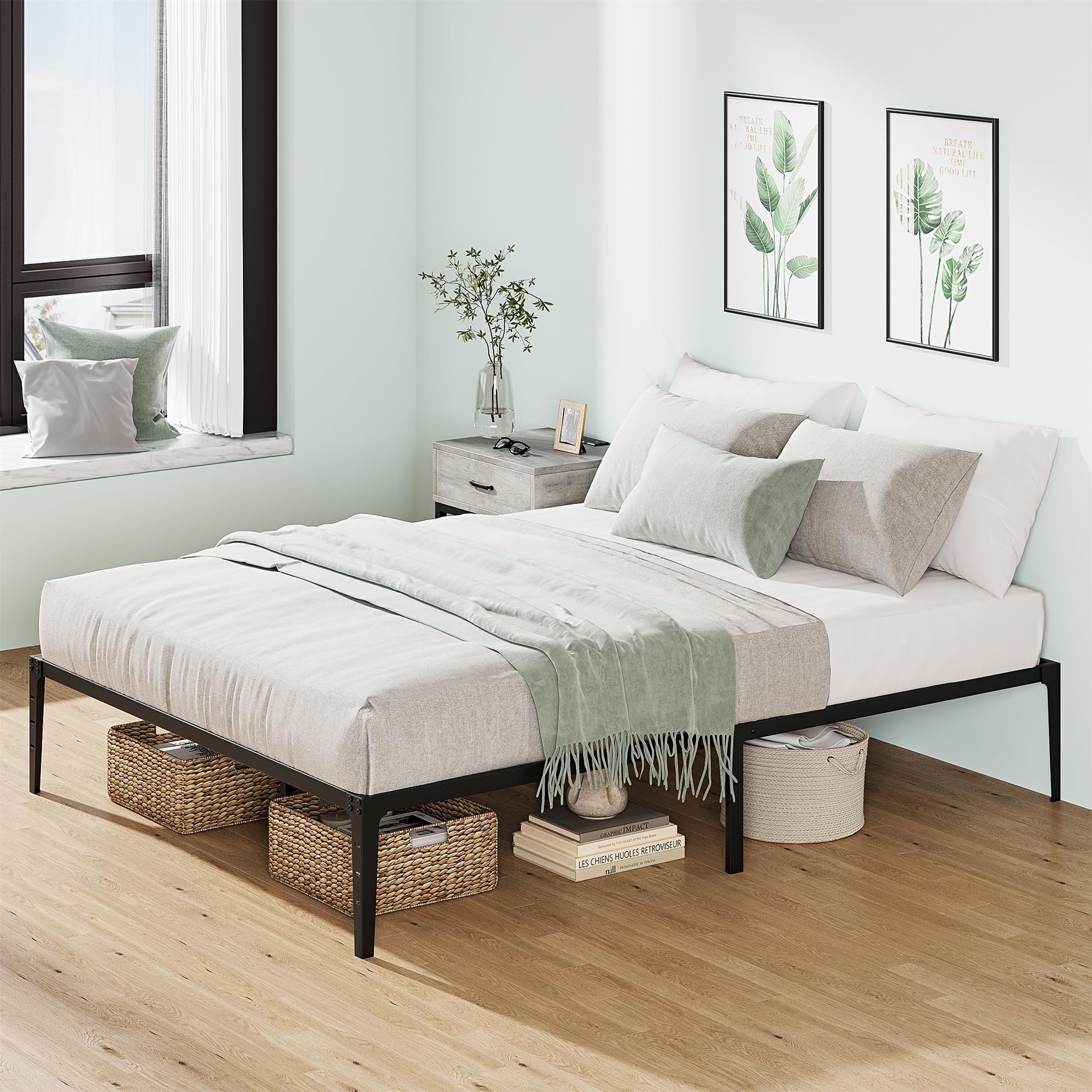 IDEALHOUSE 14 Inch Queen Metal Platform Bed Frame No Box Spring Needed, Bed Frame Queen Size with Heavy Duty Steel Slat Mattress Foundation, Noise Free, Easy Assembly