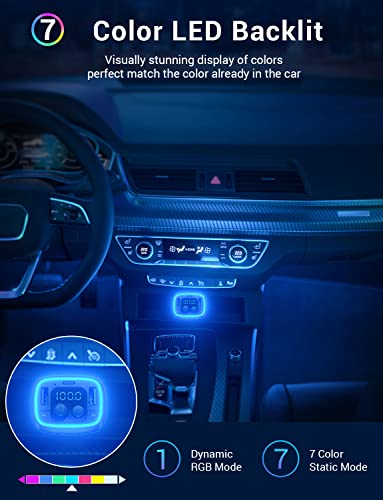 AINOPE Fm Transmitter Bluetooth Car Adapter, 36W/6A PD&QC3.0 Bluetooth Radio Transmitter Car Adapter, 7-Colors LED Backlit V5.0 Bluetooth Adapter Car, Wireless Call - Blue