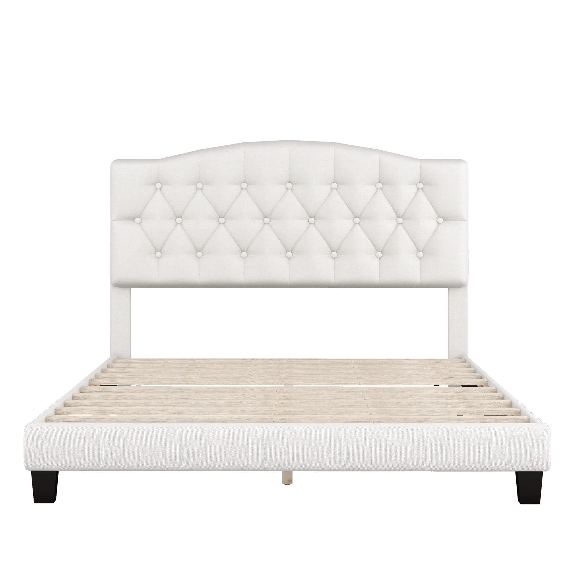 Modern Beige Queen Bed Frame Linen Upholstered Platform Bed with Headboard Solid Wood Queen Size Bed Frame Mattress Foundation Diamond Tufted Details Sturdy Wood Slat Support No Box Spring Needed