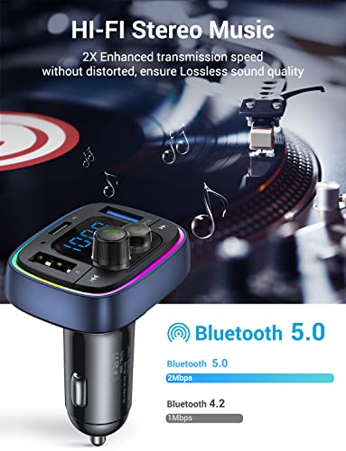 AINOPE Fm Transmitter Bluetooth Car Adapter, 36W/6A PD&QC3.0 Bluetooth Radio Transmitter Car Adapter, 7-Colors LED Backlit V5.0 Bluetooth Adapter Car, Wireless Call - Blue