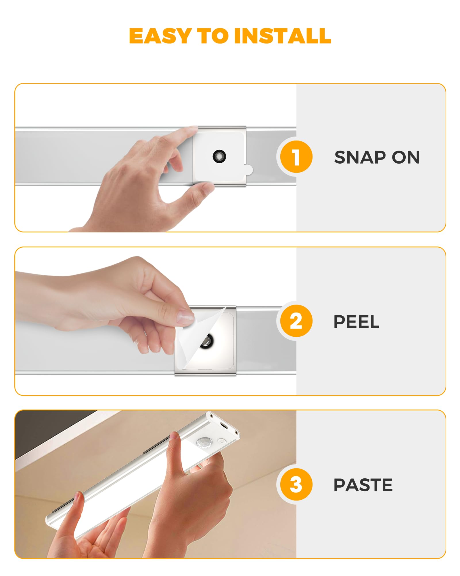 ASOKO Under Cabinet Lights Motion Sensor USB-C Rechargeable LED Closet Lights Battery Operated Wireless Magnetic Light Strip for Kitchen(White,3Pack)