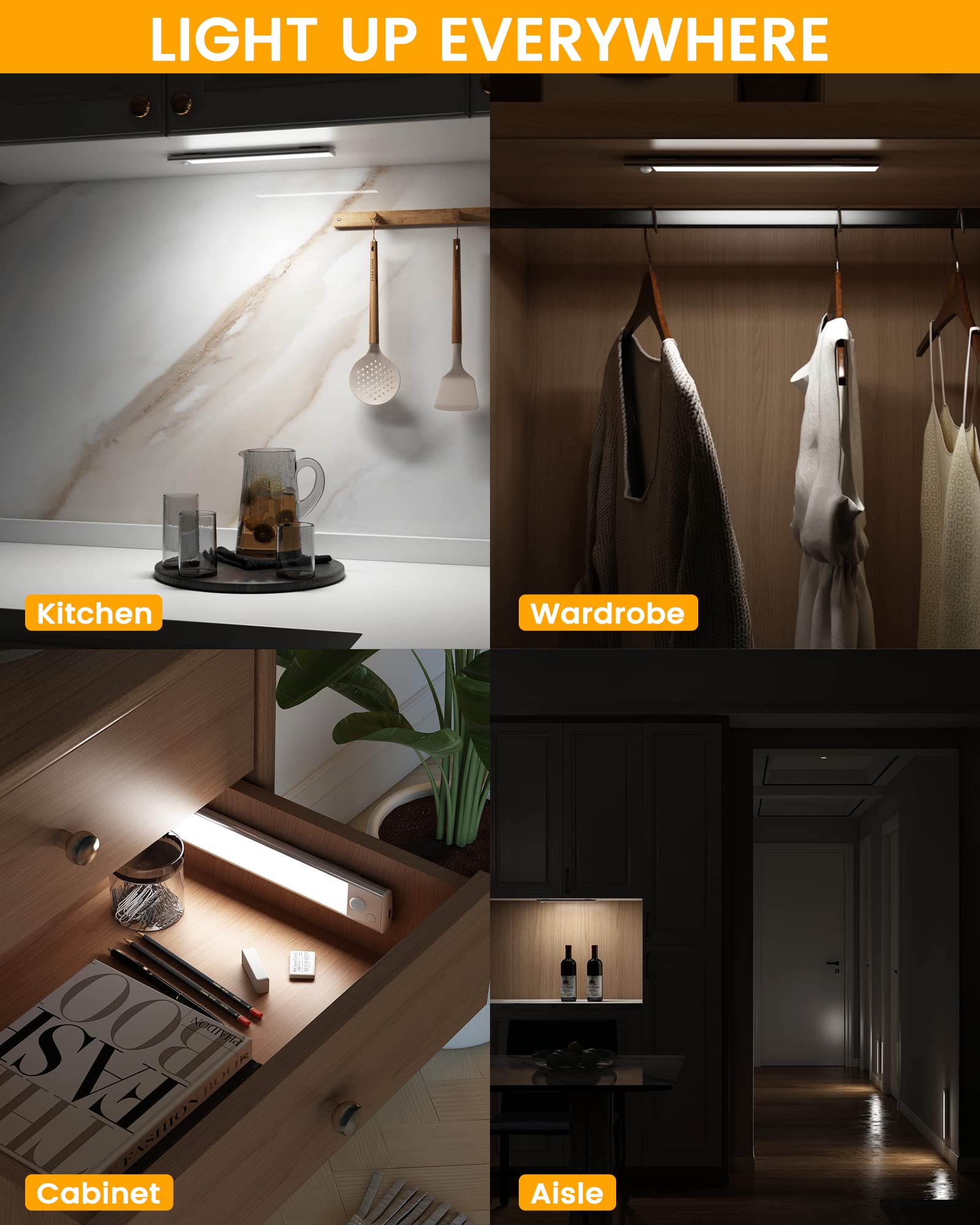 ASOKO Under Cabinet Lights Motion Sensor USB-C Rechargeable LED Closet Lights Battery Operated Wireless Magnetic Light Strip for Kitchen(White,3Pack)
