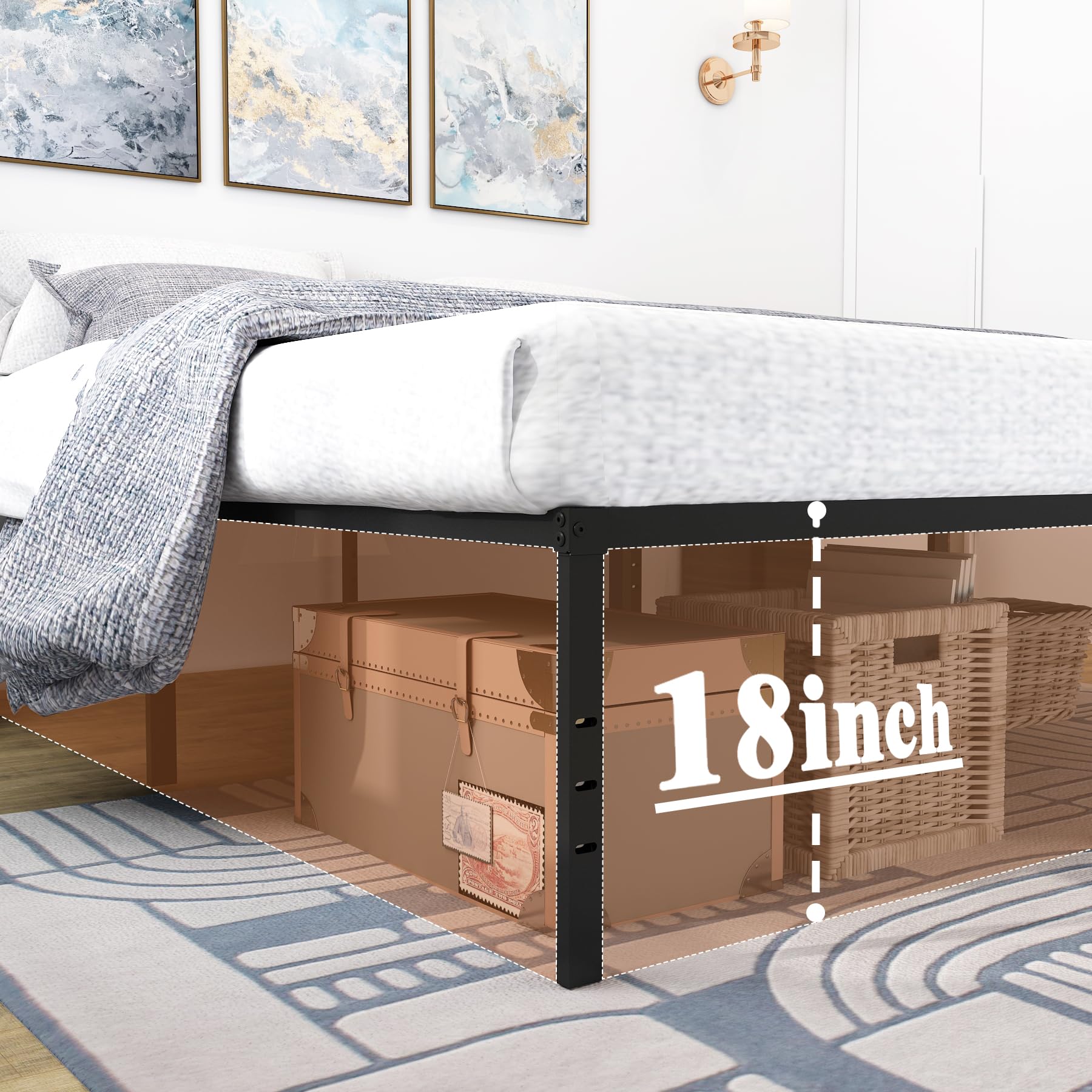 Caplisave Queen Bed Frame Metal Platform 18 Inch High Bed Frame Queen Size Heavy Duty Metal Slat Support, Underbed Storage Bed Frames, Easy Assembly, No Box Spring Needed