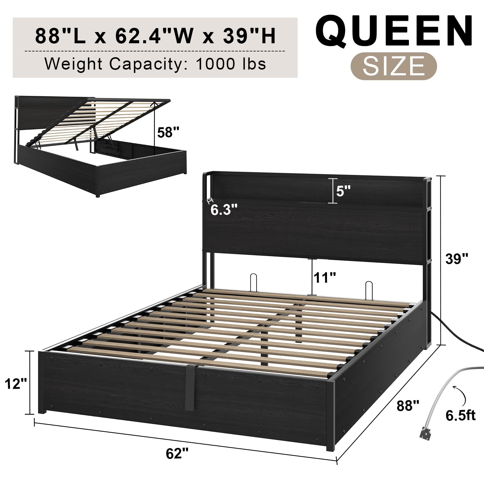 Amerlife Queen Size Lift Up Storage Bed Frame, Wooden Platform Bed Frame with Lifting Storage & Charging Station, No Spring Box Needed/Noise Free, Black