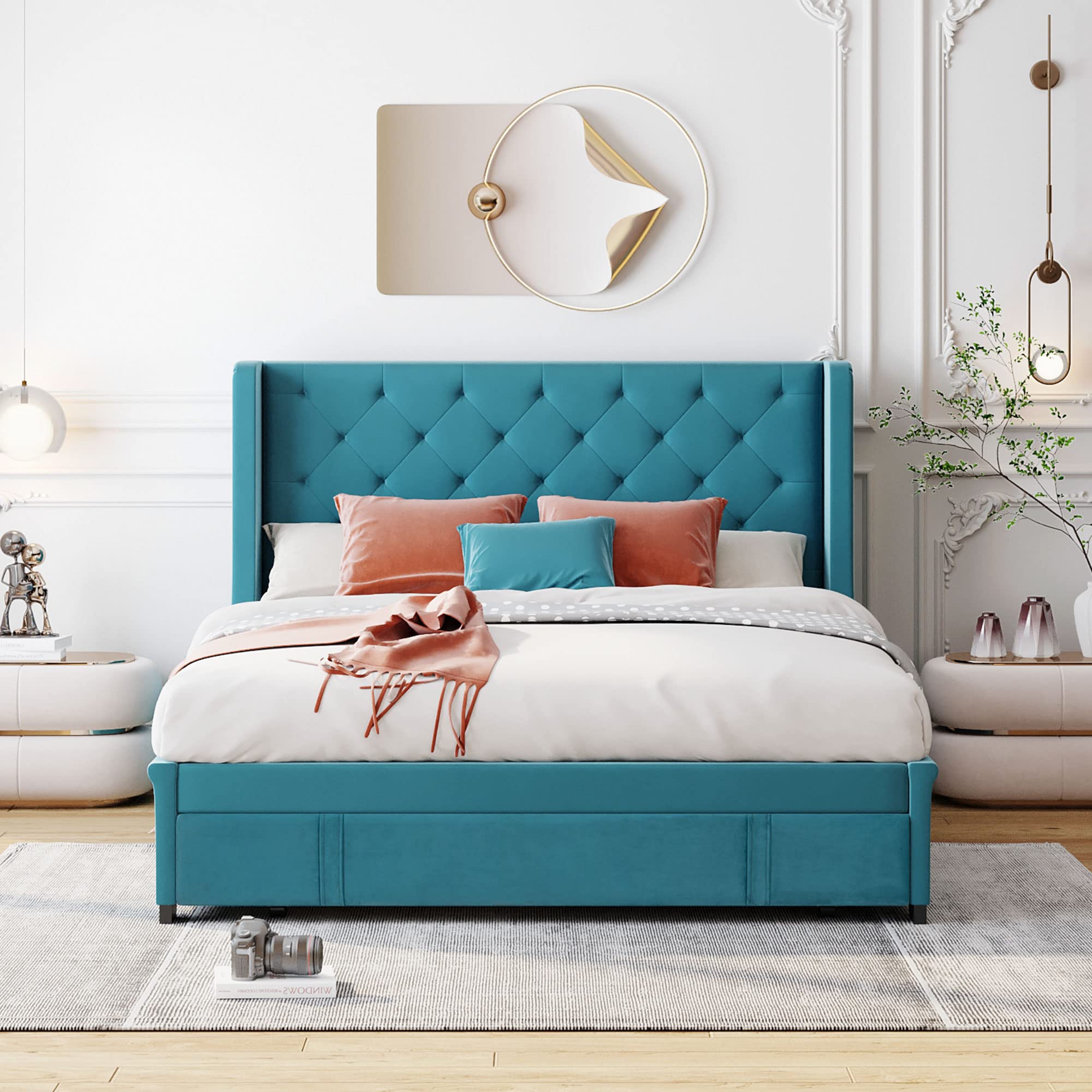 EMKK Queen Bed Frame with Storage Drawers and Wingback Headboard, Upholstered Platform Bed with Velvet Design, Strong Wooden Slats Support, No Box Spring Needed