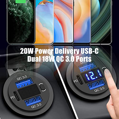 Cllena 12V USB Outlet Dual Quick Charge 3.0 & PD USB C Three-Port USB Charger Socket with Voltmeter and Power Switch, Multi-Function Car USB Charger Adapter for Car Boat Marine RV Truck ATV Golf Cart