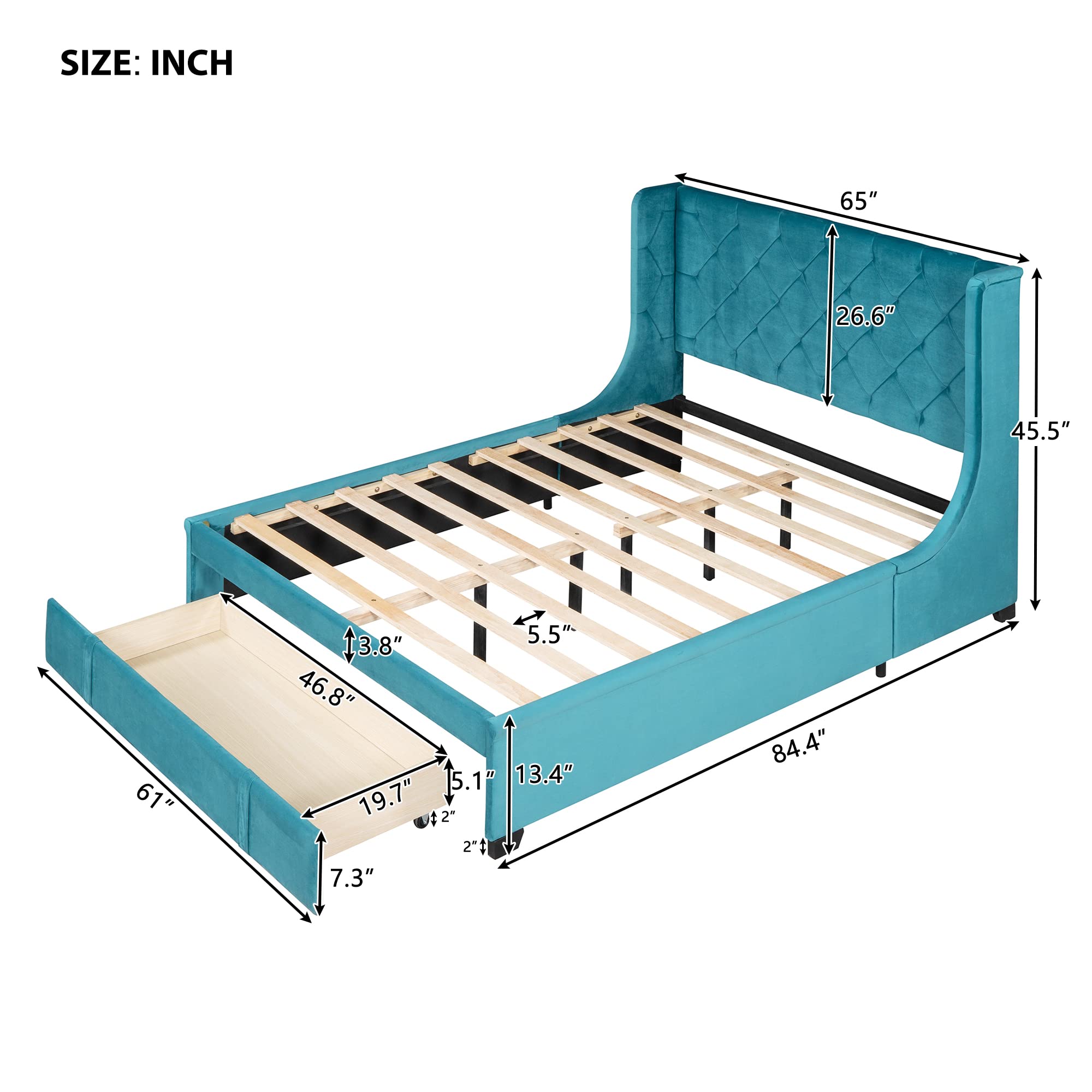 EMKK Queen Bed Frame with Storage Drawers and Wingback Headboard, Upholstered Platform Bed with Velvet Design, Strong Wooden Slats Support, No Box Spring Needed