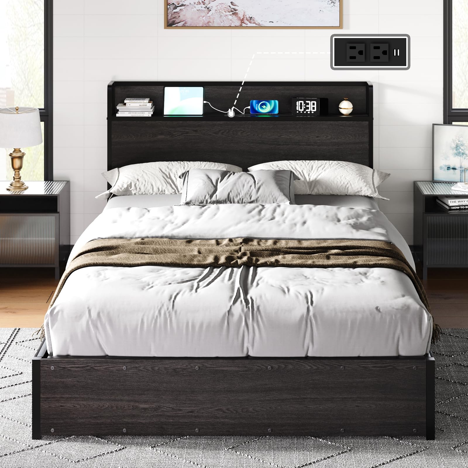 Amerlife Queen Size Lift Up Storage Bed Frame, Wooden Platform Bed Frame with Lifting Storage & Charging Station, No Spring Box Needed/Noise Free, Black