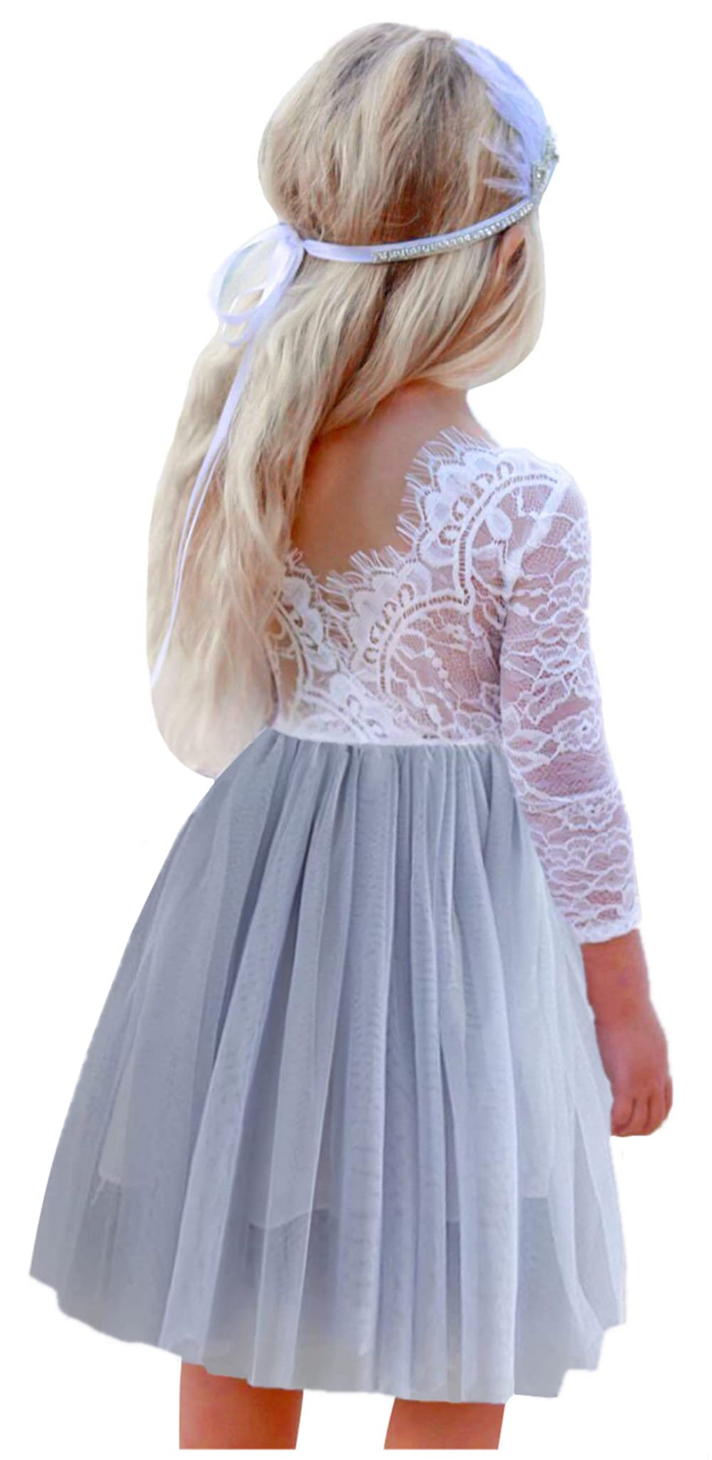 2Bunnies Girl Rose Lace Back A-Line Straight Tutu Tulle Party Flower Girl Dresses (Dusty Blue Sleeve Knee, 12Months)