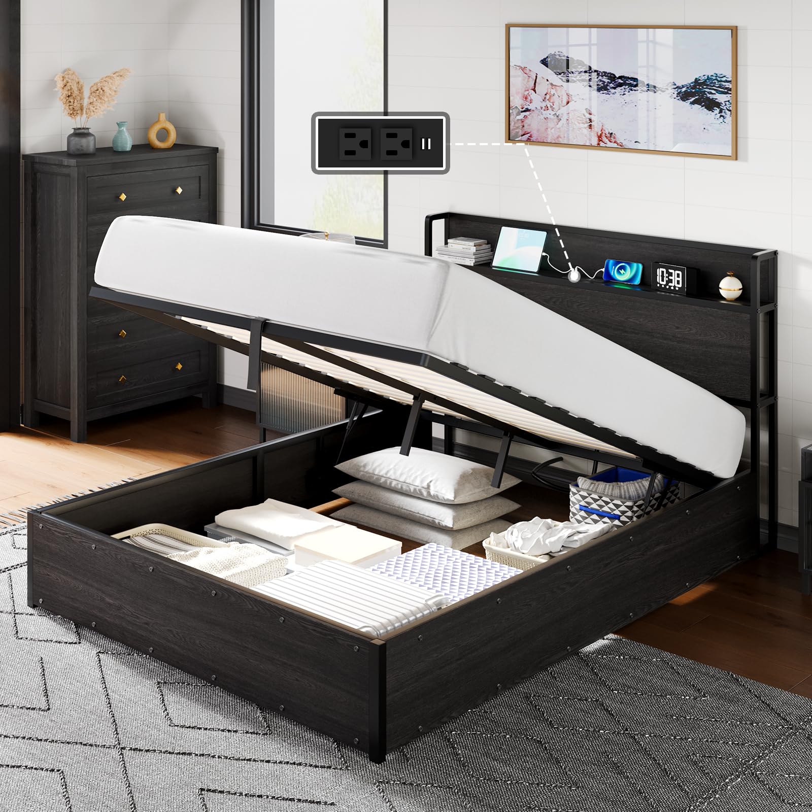 Amerlife Queen Size Lift Up Storage Bed Frame, Wooden Platform Bed Frame with Lifting Storage & Charging Station, No Spring Box Needed/Noise Free, Black