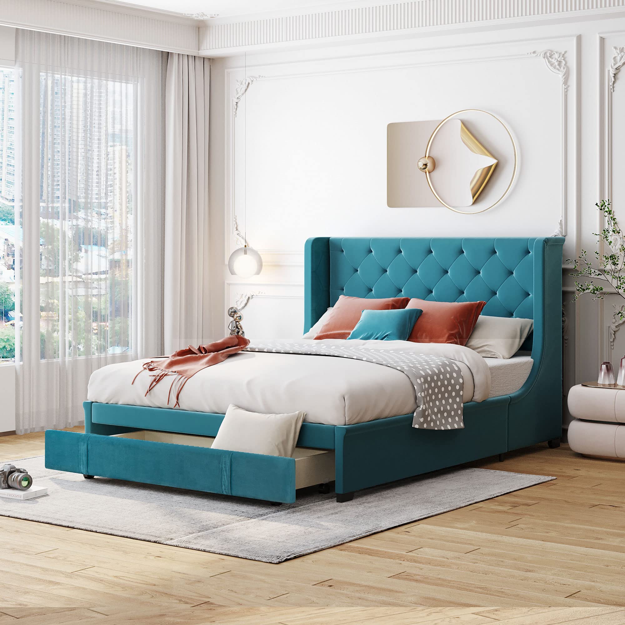 EMKK Queen Bed Frame with Storage Drawers and Wingback Headboard, Upholstered Platform Bed with Velvet Design, Strong Wooden Slats Support, No Box Spring Needed