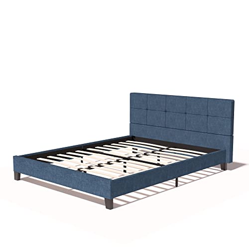 Melpomene Queen Bedframe Navy Linen Upholstered, Staycation Style Mattress Foundation with Wood Slats and Headboard for Bedroom