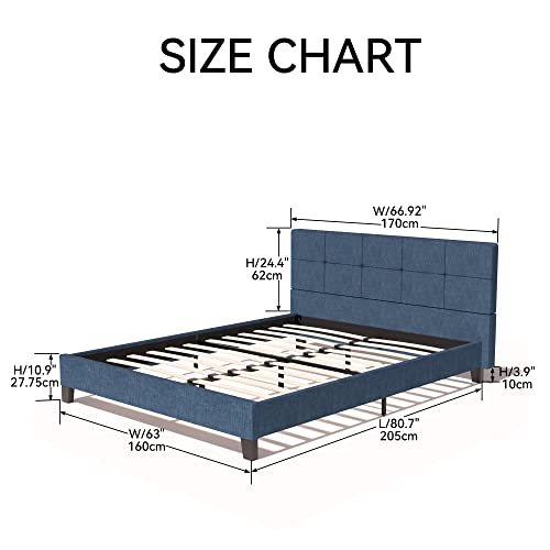 Melpomene Queen Bedframe Navy Linen Upholstered, Staycation Style Mattress Foundation with Wood Slats and Headboard for Bedroom
