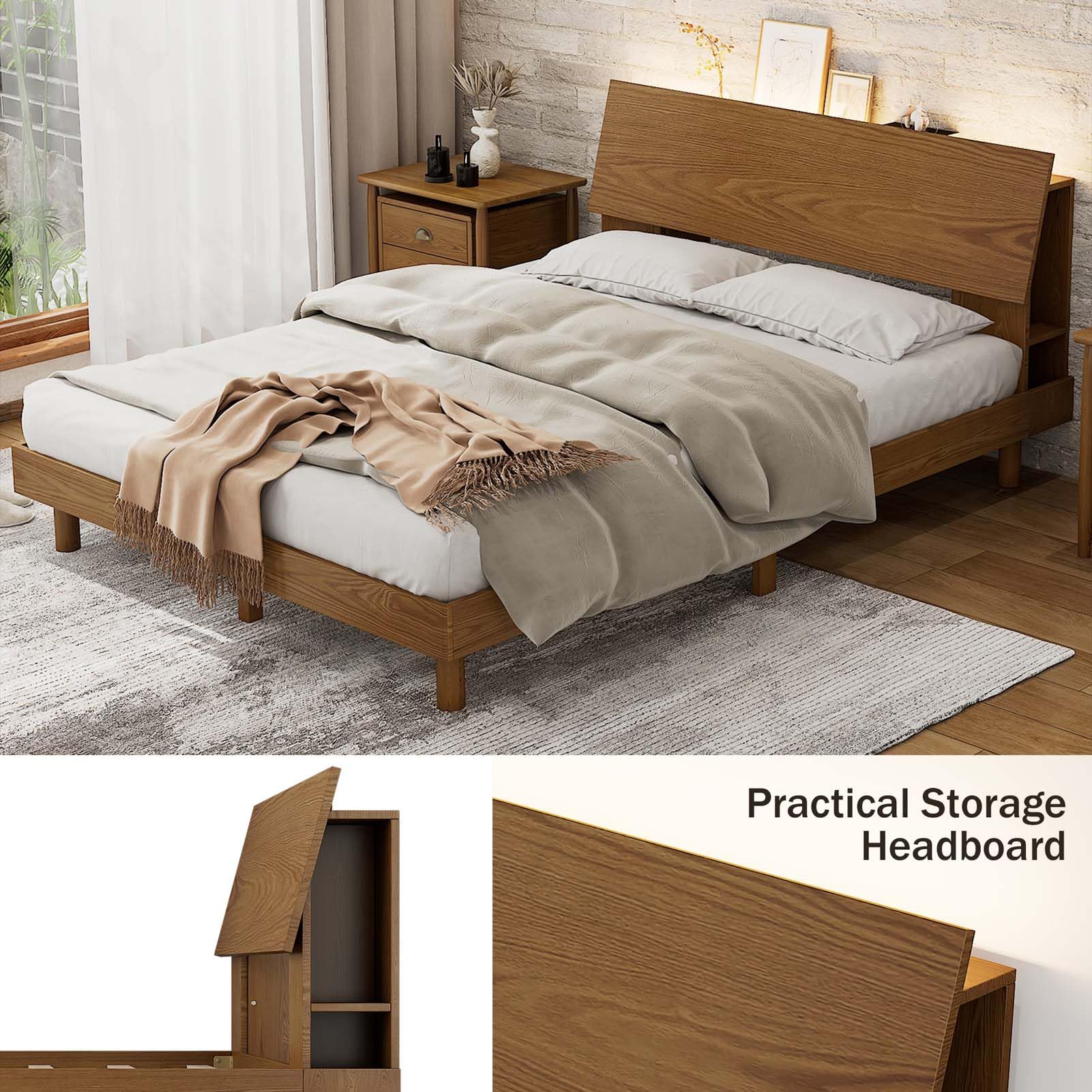 DUNTRKDU Queen Size Bed Frame, Mid Century Platform Bed Frame with LED Lights & USB Port, Queen Size Bed Frame with Bookshelf, No Box Spring Needed/Easy Assembly for Bedroom, Walnut