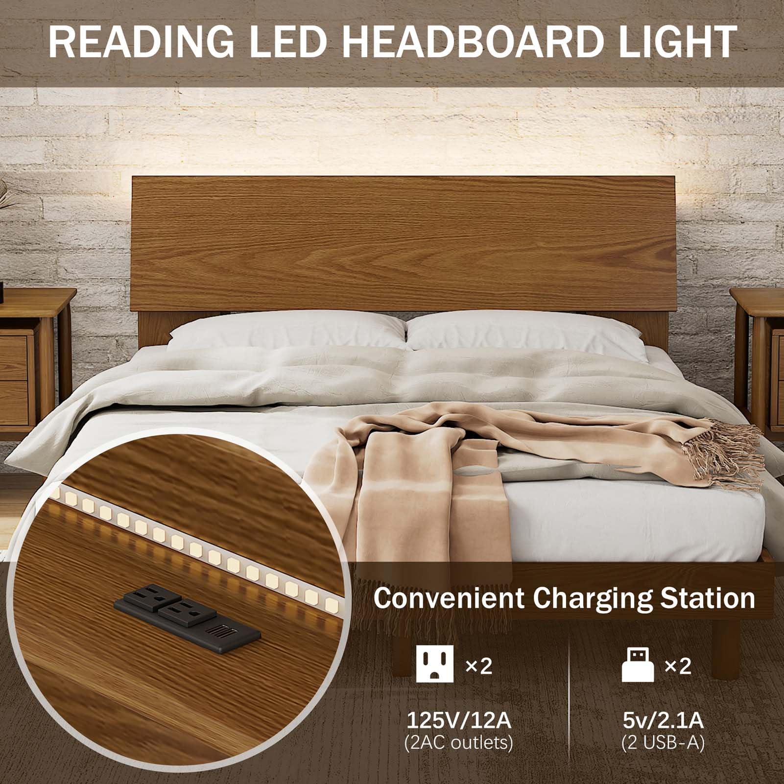 DUNTRKDU Queen Size Bed Frame, Mid Century Platform Bed Frame with LED Lights & USB Port, Queen Size Bed Frame with Bookshelf, No Box Spring Needed/Easy Assembly for Bedroom, Walnut