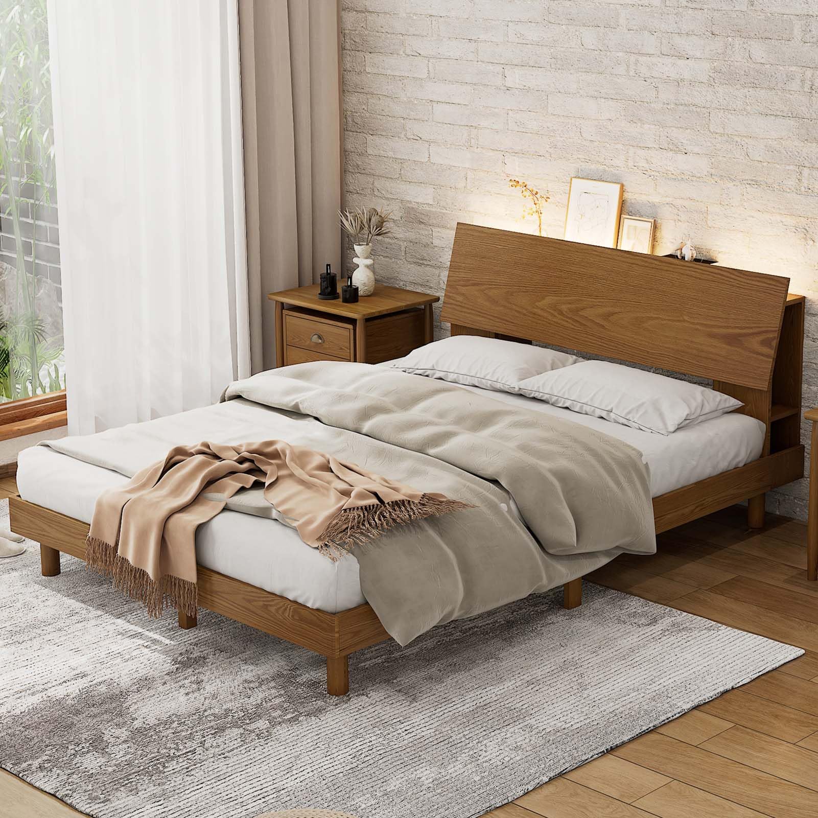 DUNTRKDU Queen Size Bed Frame, Mid Century Platform Bed Frame with LED Lights & USB Port, Queen Size Bed Frame with Bookshelf, No Box Spring Needed/Easy Assembly for Bedroom, Walnut