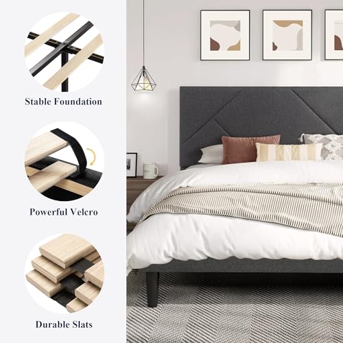 Allewie Queen Size Upholstered Bed Frame with Geometric Headboard, Heavy-Duty Platform Bed, No Box Spring Needed, Dark Grey