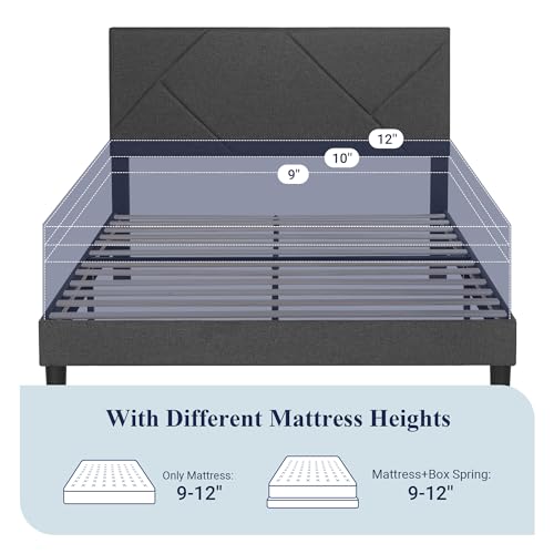 Allewie Queen Size Upholstered Bed Frame with Geometric Headboard, Heavy-Duty Platform Bed, No Box Spring Needed, Dark Grey