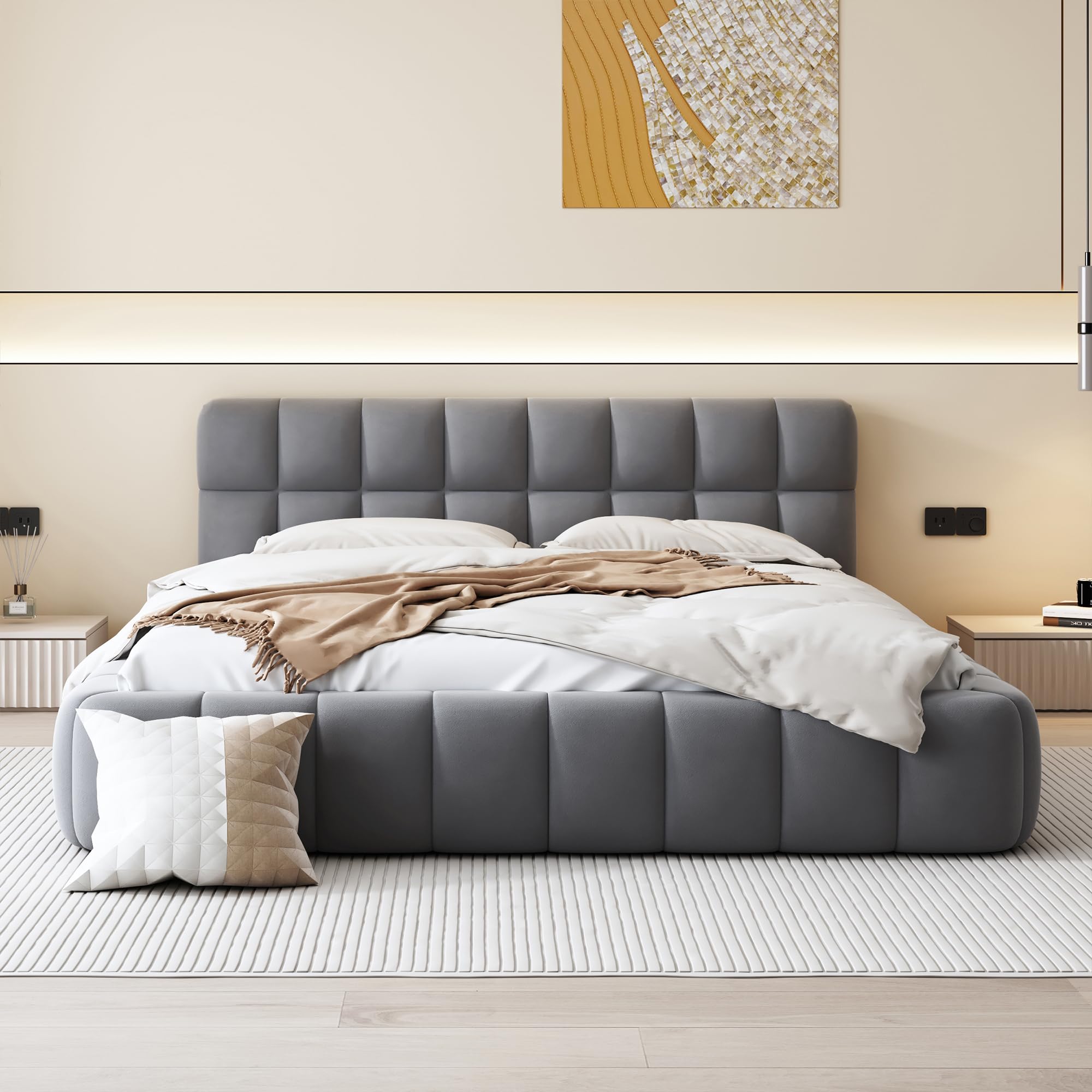 Queen Size Upholstered Platform Bed with Thick Fabric, Grounded Bed with Solid Frame,for Kids Teens Adults Bedroom Use (Gray@Grounded, Queen)