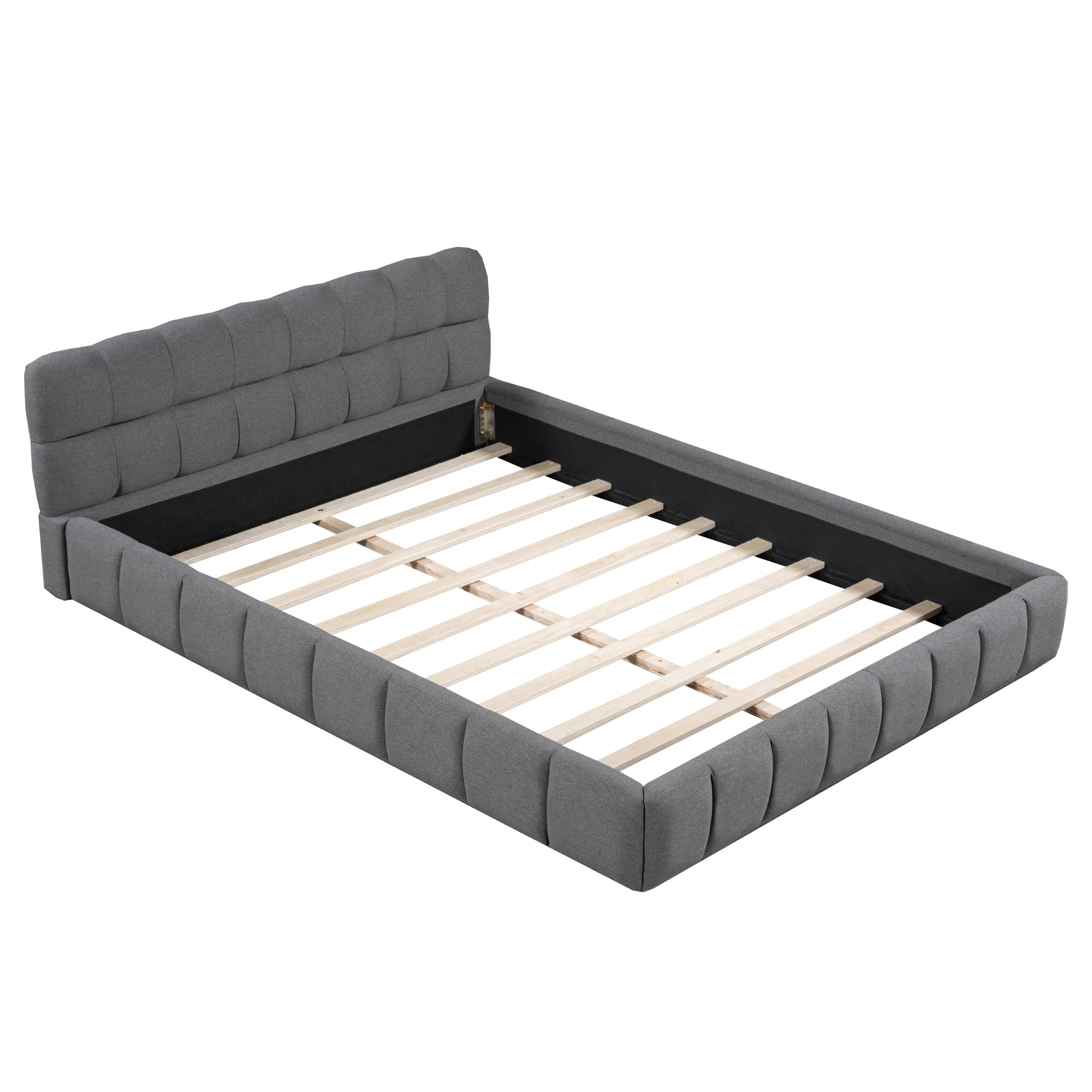 Queen Size Upholstered Platform Bed with Thick Fabric, Grounded Bed with Solid Frame,for Kids Teens Adults Bedroom Use (Gray@Grounded, Queen)