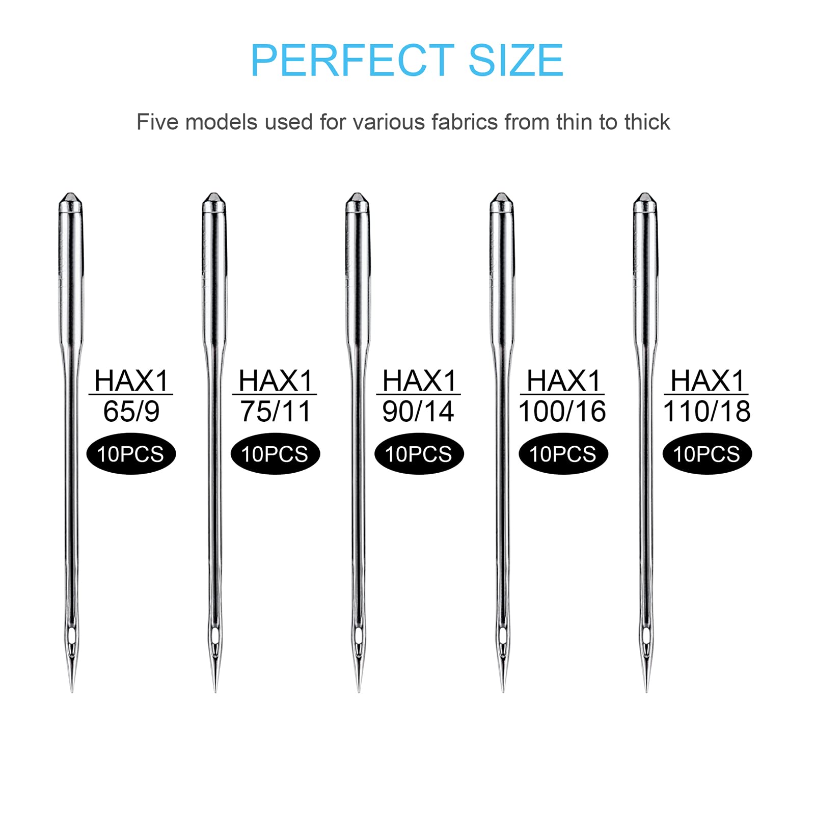 Sewing Machine Needles, 50 PCS Universal Sewing Machine Needle, for Singer, Brother, Janome, Varmax, Sizes HAX1 65/9, 75/11, 90/14, 100/16, 110/18 (50 PCS)