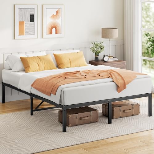 Marsail Queen Size Bed Frame, 14-Inch High Platform Bed with Steel Slat Support, Mattress Stoppers & Rounded Corners, Heavy-Duty Metal Platform, 1600 lbs Max Weight, No Box Spring Needed, MSBFQ02