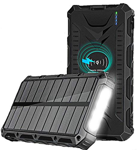 SunAmp Wireless Solar Power Bank | Solar Charger with USB Type C Quick Charge | Bright LED Flashlight | 20,000mAh | IP54 Rainproof Shockproof Dustproof for Travel and Outdoors | 4 Ports (Black) from
