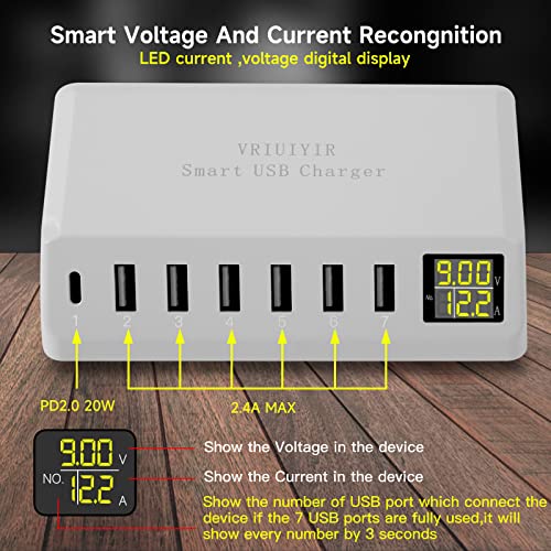 USB Charging Station, 60W/12A 7-Port USB Charger Station with LED Display for Multiple Devices PD20W USB C Charger for All iPad iPhone14/13/12 Pixel Galaxy Tablet Headphones and More (White)