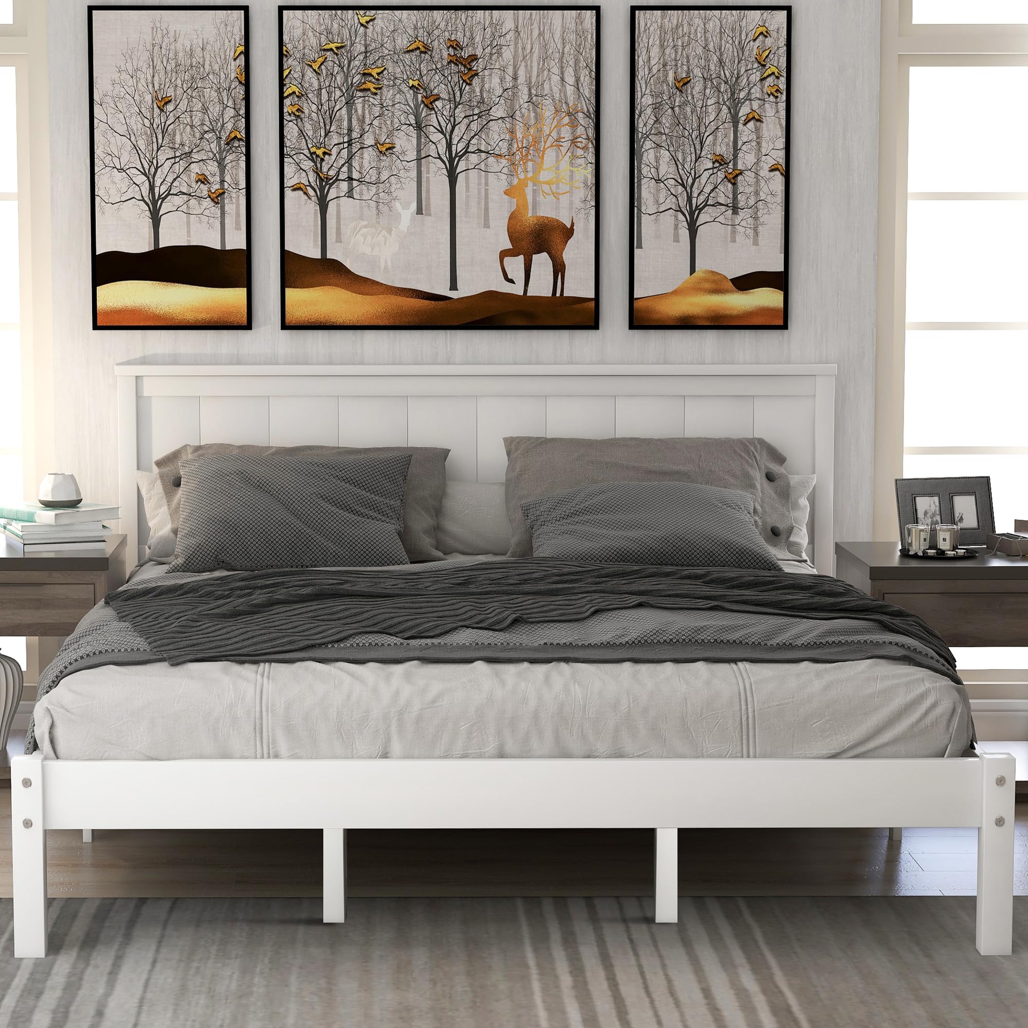 Aiuyesuo Modern Queen Size Platform Bed with Headboard, Wooded Platform Bed Frame with Strong Wood Slat Support, No Box Spring Needed, Easy Assembly (White-YU0OW)