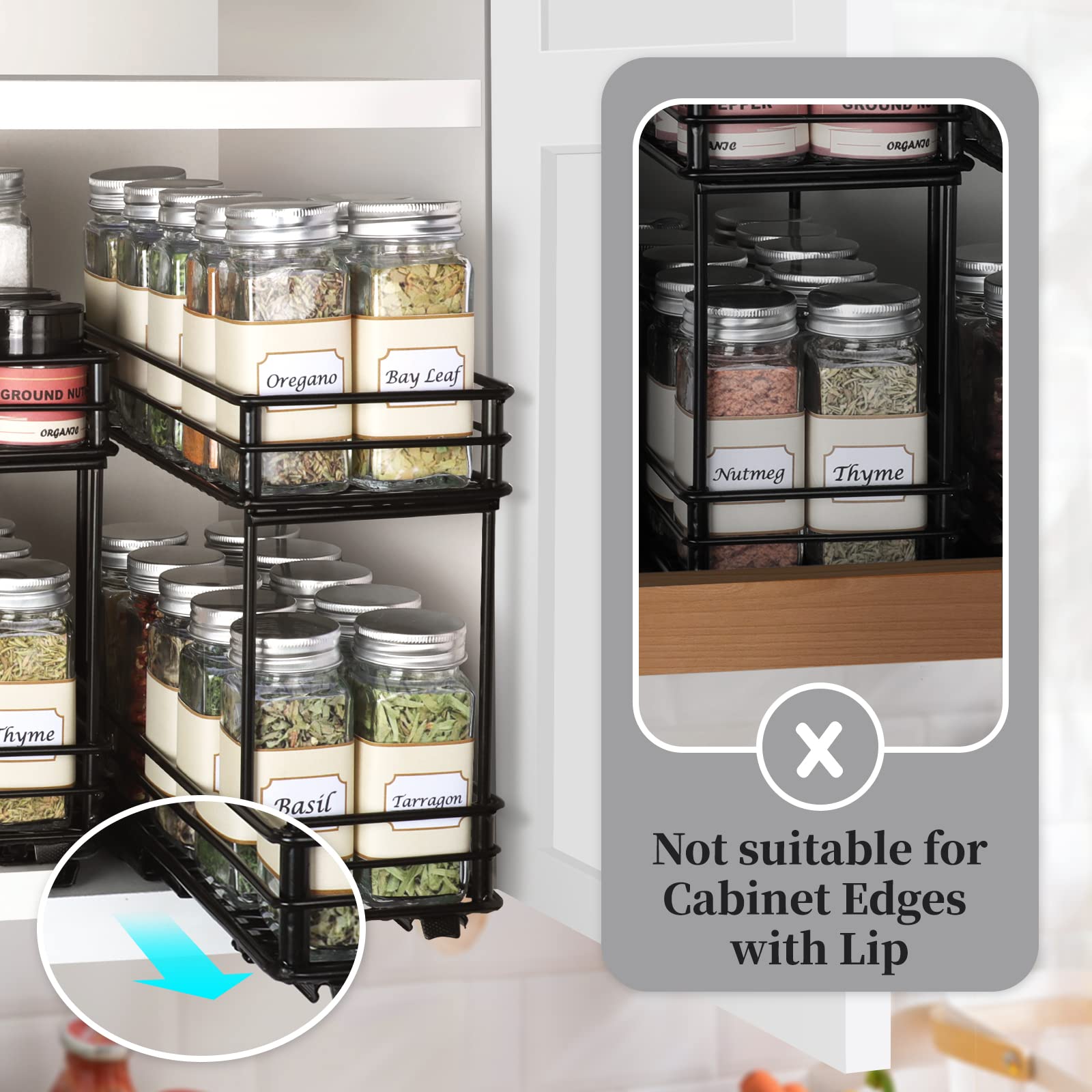 Kitsure Spice Rack Organizer for Cabinet - 2 Packs, Easy-to-Install Pull Out Spice Cabinet Organizers, 4.33''Wx10.23''Dx8.54''H Slide Out Spice Racks