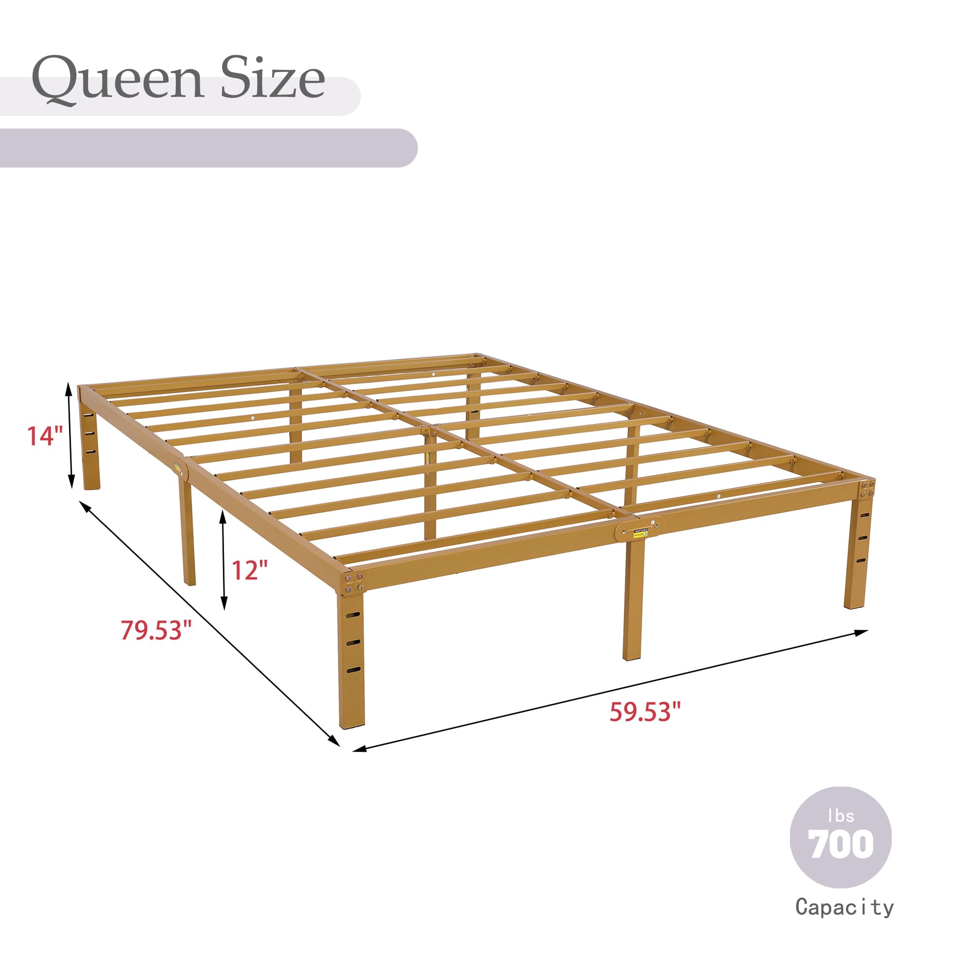 alazyhome Queen Size Bed Frame 14 Inch Metal Platform Bed Frame Heavy Duty Steel Slats Support No Box Spring Needed Noise-Free Easy Assembly Gold