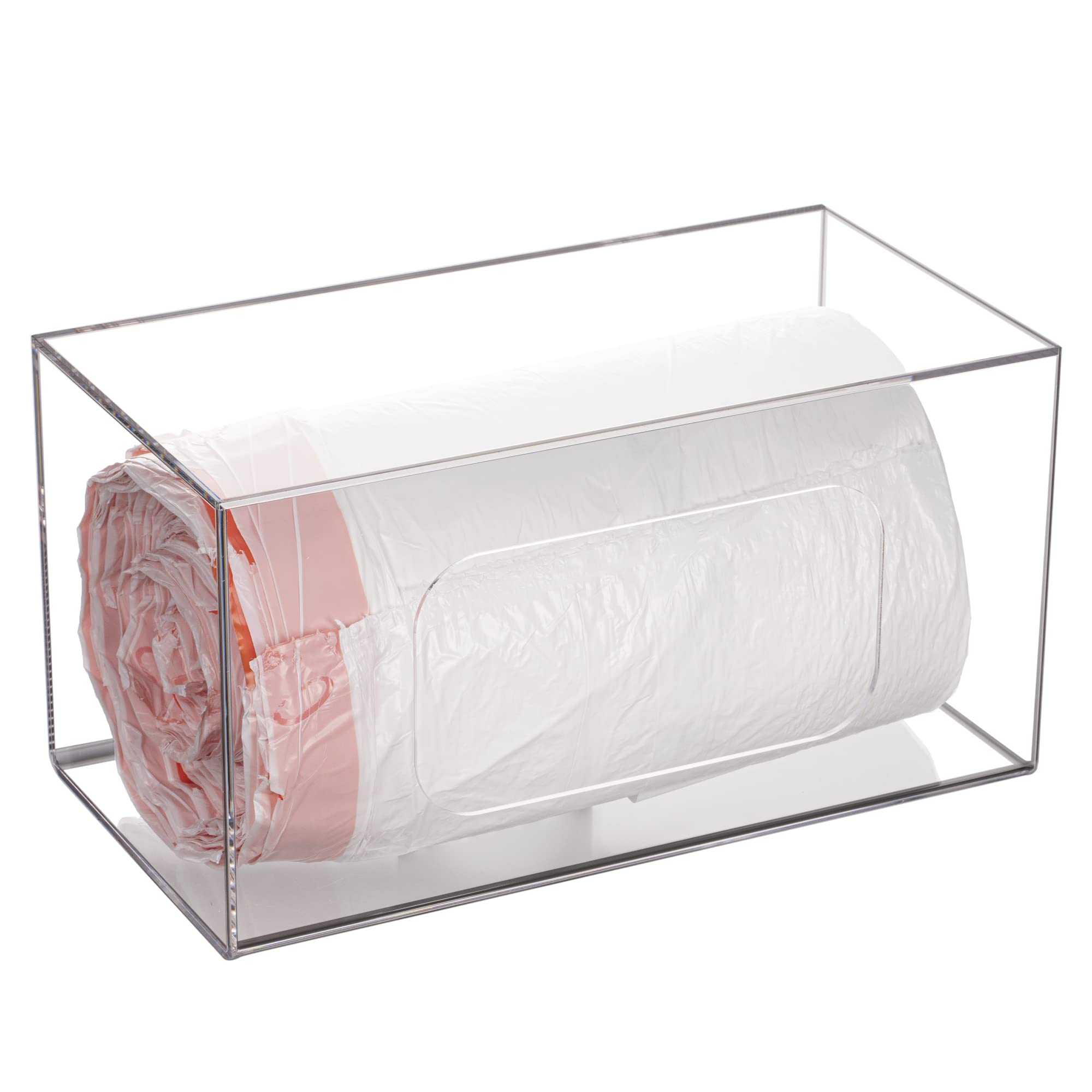 SEANADO Trash Bag Dispenser Roll Holder, Wall Mount Acrylic Kitchen Organizer Storage Box Holder for Garbage Bag Grocery Bag Plastic Shopping Bag Roll Container (10.4 x 5.5 x 5.5 inches)
