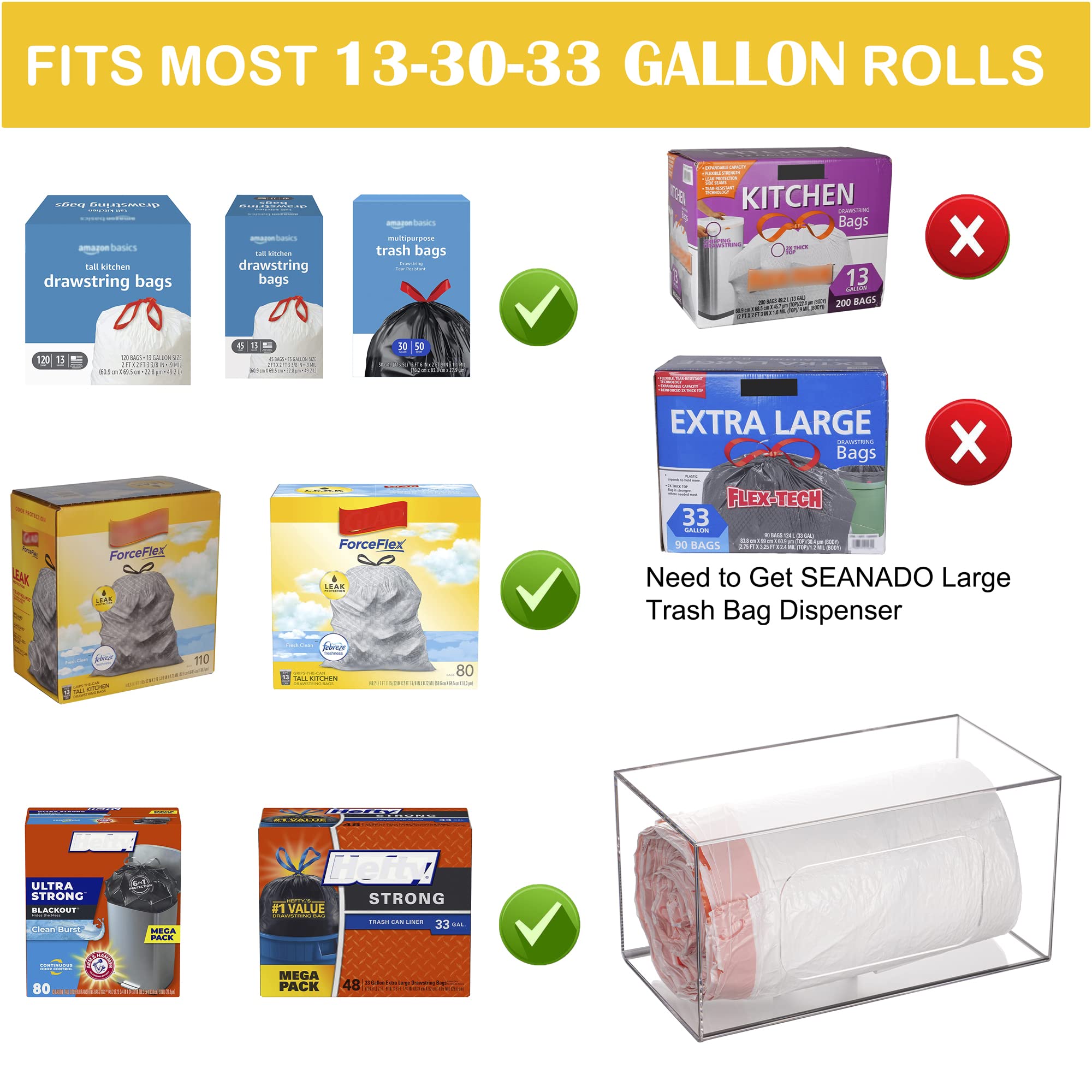 SEANADO Trash Bag Dispenser Roll Holder, Wall Mount Acrylic Kitchen Organizer Storage Box Holder for Garbage Bag Grocery Bag Plastic Shopping Bag Roll Container (10.4 x 5.5 x 5.5 inches)