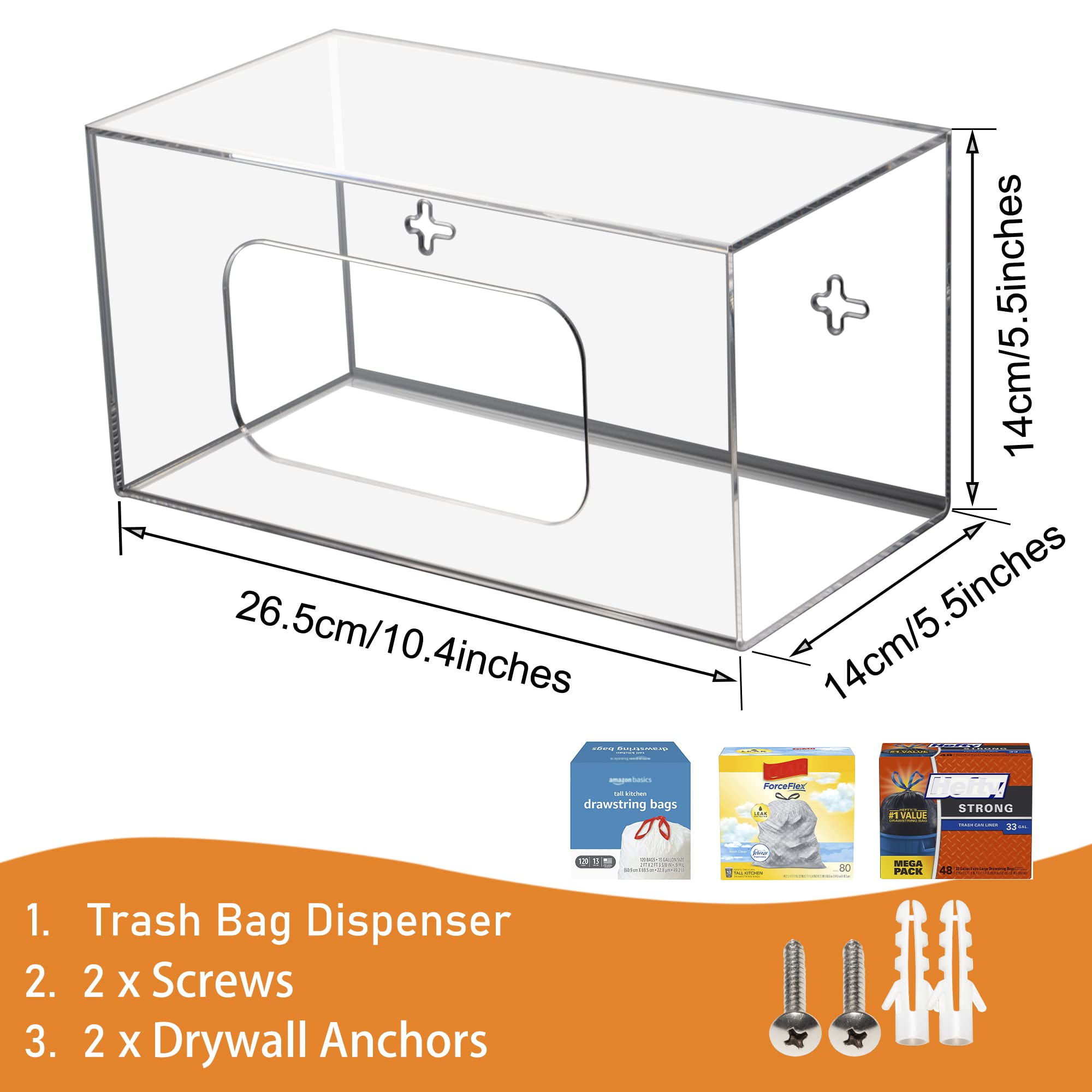 SEANADO Trash Bag Dispenser Roll Holder, Wall Mount Acrylic Kitchen Organizer Storage Box Holder for Garbage Bag Grocery Bag Plastic Shopping Bag Roll Container (10.4 x 5.5 x 5.5 inches)