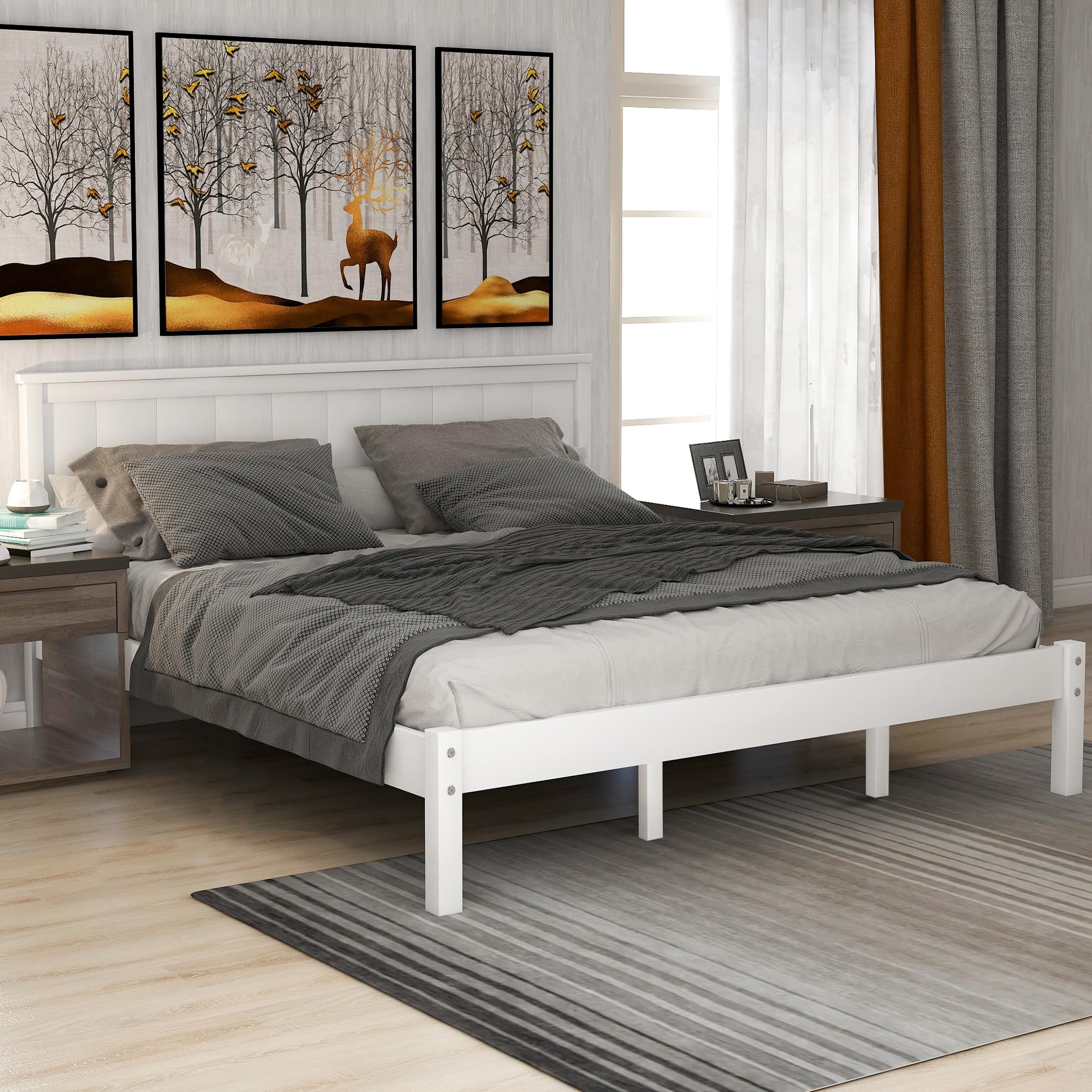 Aiuyesuo Modern Queen Size Platform Bed with Headboard, Wooded Platform Bed Frame with Strong Wood Slat Support, No Box Spring Needed, Easy Assembly (White-YU0OW)