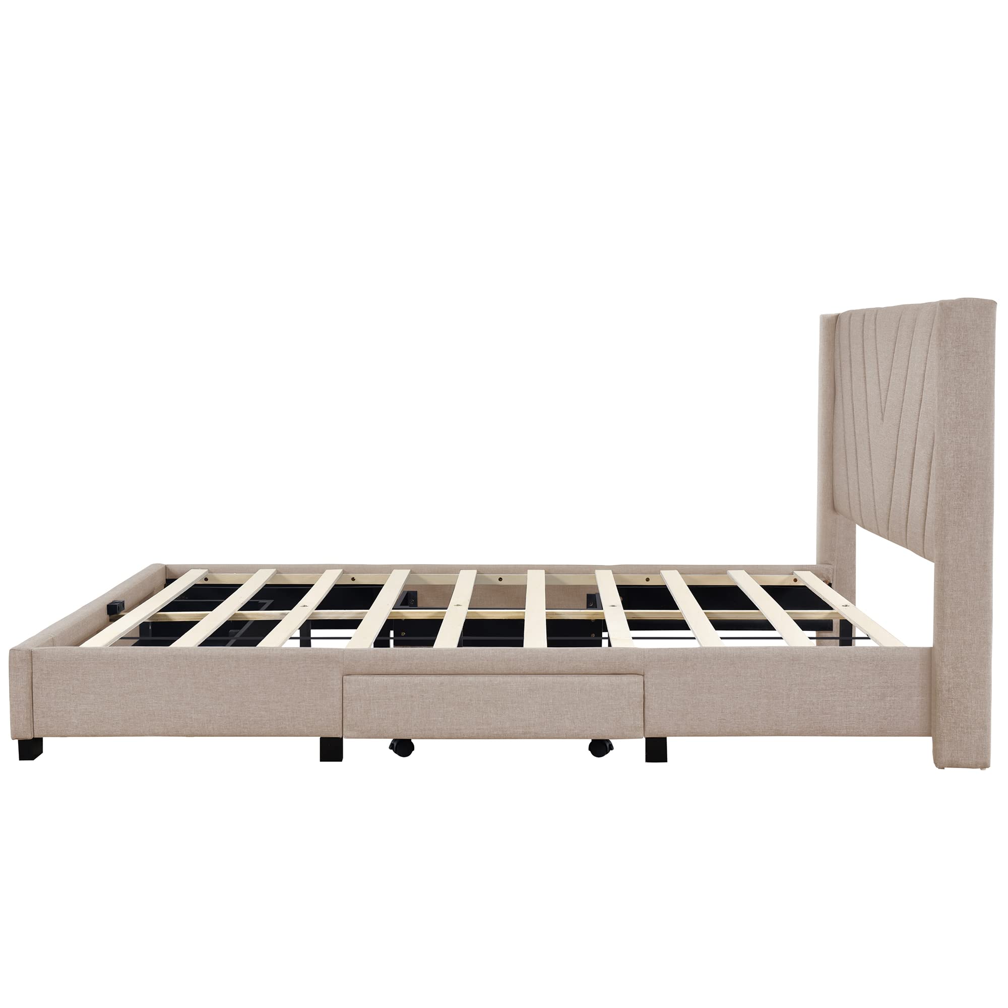 FANYHOME Queen Bed Frame with Storage Upholstered Platform Bed Frame with 3 Drawers and Headboard Modern Linen Queen Size Beds with Wooden Slats Support, No Box Spring Box Needed, Beige