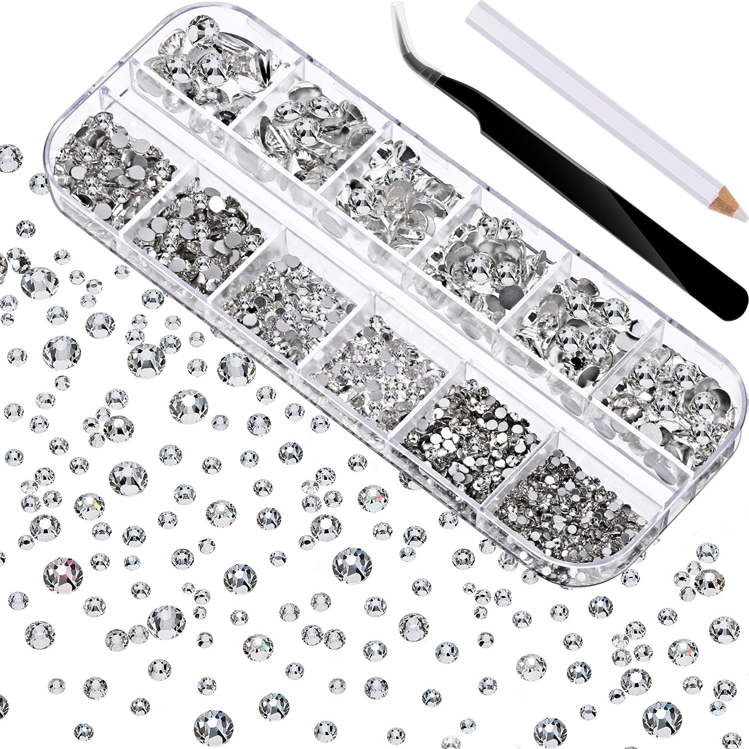 2000 Pieces Flat Back Gems Rhinestones 6 Sizes (1.5-6 Mm) Round Crystal Rhinestones with Pick up Tweezer and Rhinestones Picking Pen for Crafts Nail Clothes Shoes Bags DIY Art(Clear)
