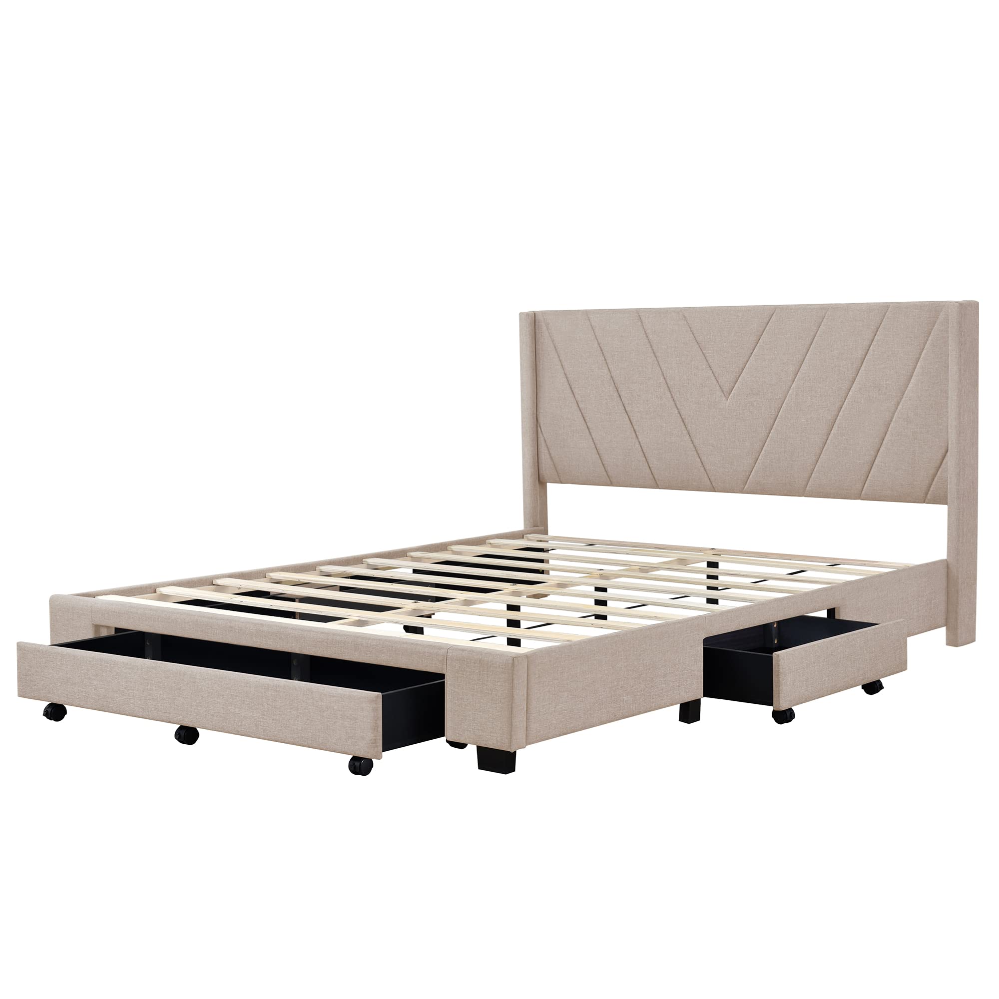 FANYHOME Queen Bed Frame with Storage Upholstered Platform Bed Frame with 3 Drawers and Headboard Modern Linen Queen Size Beds with Wooden Slats Support, No Box Spring Box Needed, Beige