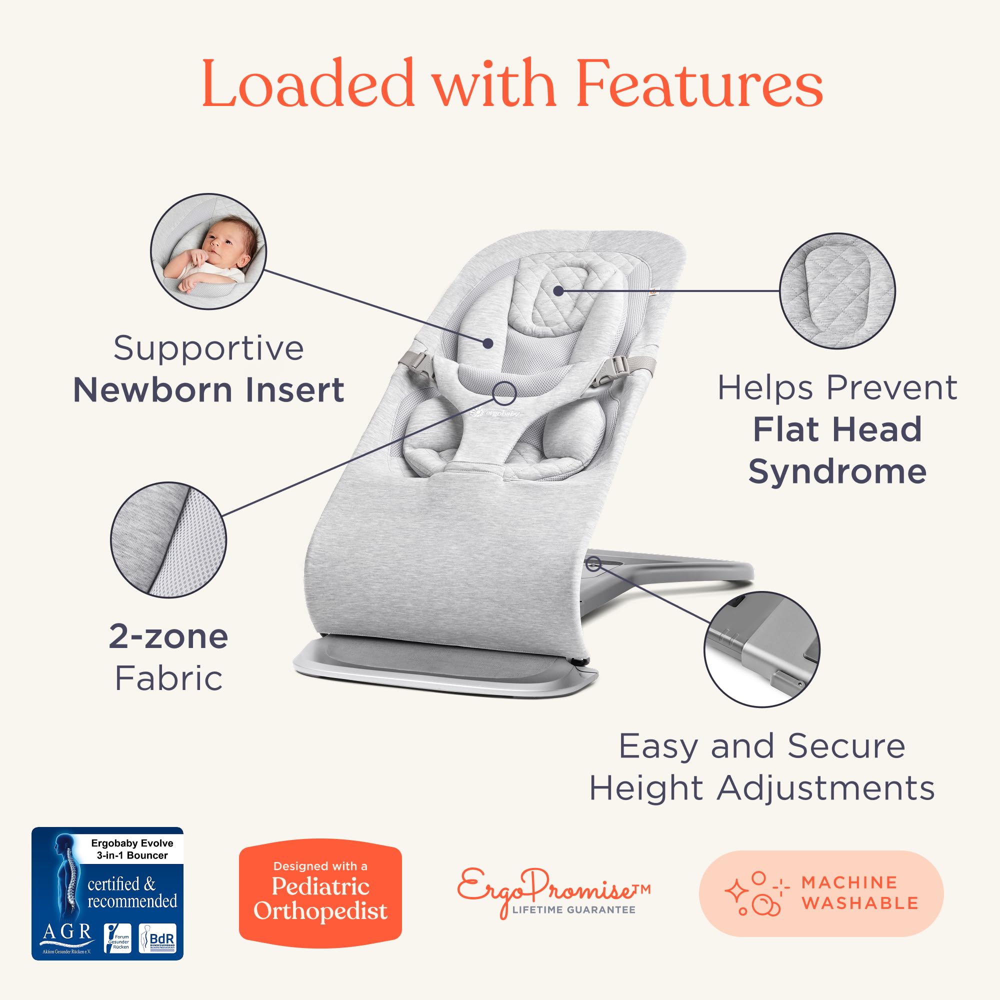 Ergobaby Evolve 3-in-1 Bouncer, Adjustable Multi Position Baby Bouncer Seat, Fits Newborn to Toddler, Charcoal