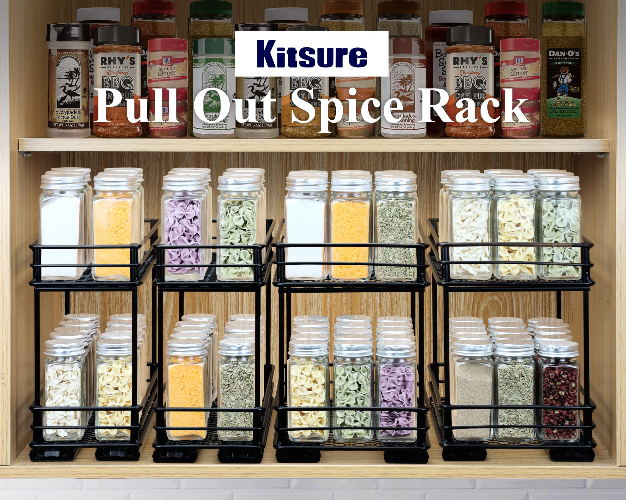 Kitsure Spice Rack Organizer for Cabinet - 2 Packs, Easy-to-Install Pull Out Spice Cabinet Organizers, 4.33''Wx10.23''Dx8.54''H Slide Out Spice Racks