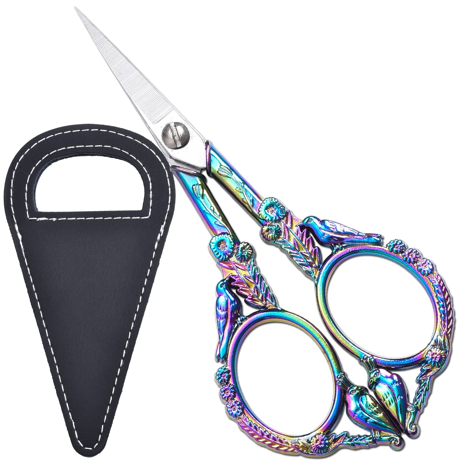 HITOPTY Vintage Embroidery Scissors, 4.6in Small Sharp Tip Sewing Scissor w/ Black Case, Rainbow Craft Shears Detail Yarn Thread Snips for Cross Stitch Needlework DIY Art Handicrafts Tool