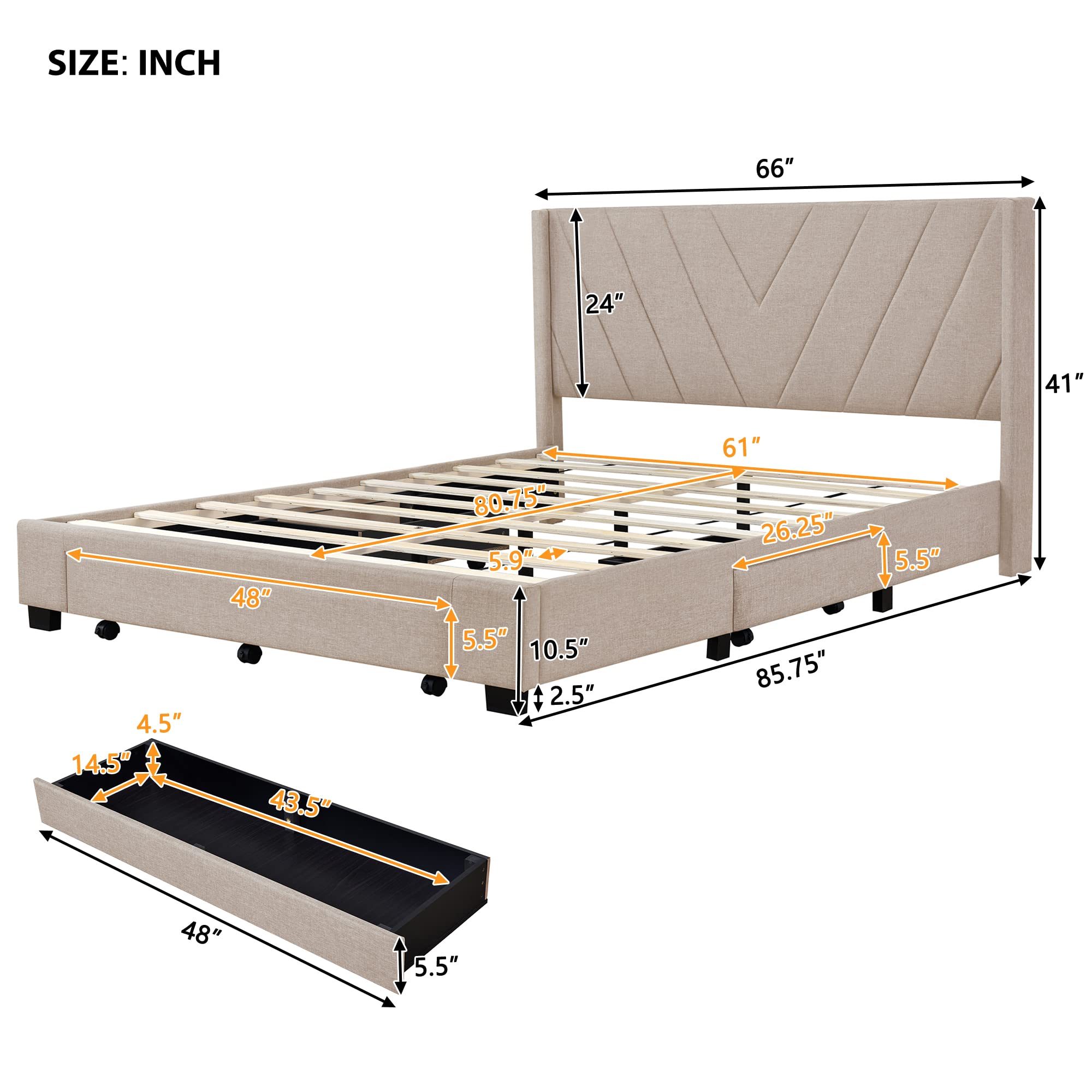 FANYHOME Queen Bed Frame with Storage Upholstered Platform Bed Frame with 3 Drawers and Headboard Modern Linen Queen Size Beds with Wooden Slats Support, No Box Spring Box Needed, Beige