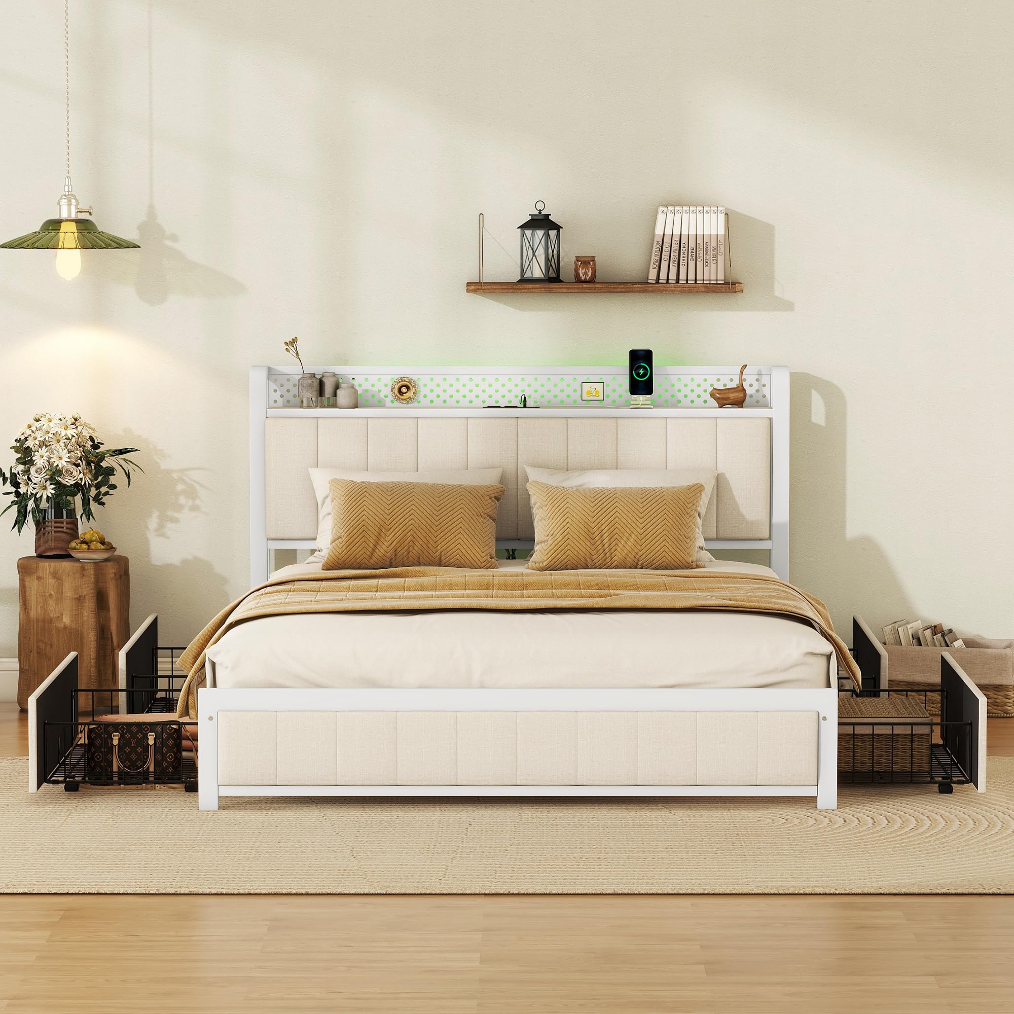 Queen Size Bed Frame with LED Headboard, Metal and Upholstered Platform Bed with Charging Station and 4 Drawers Storage, No Box Spring Needed, Beige