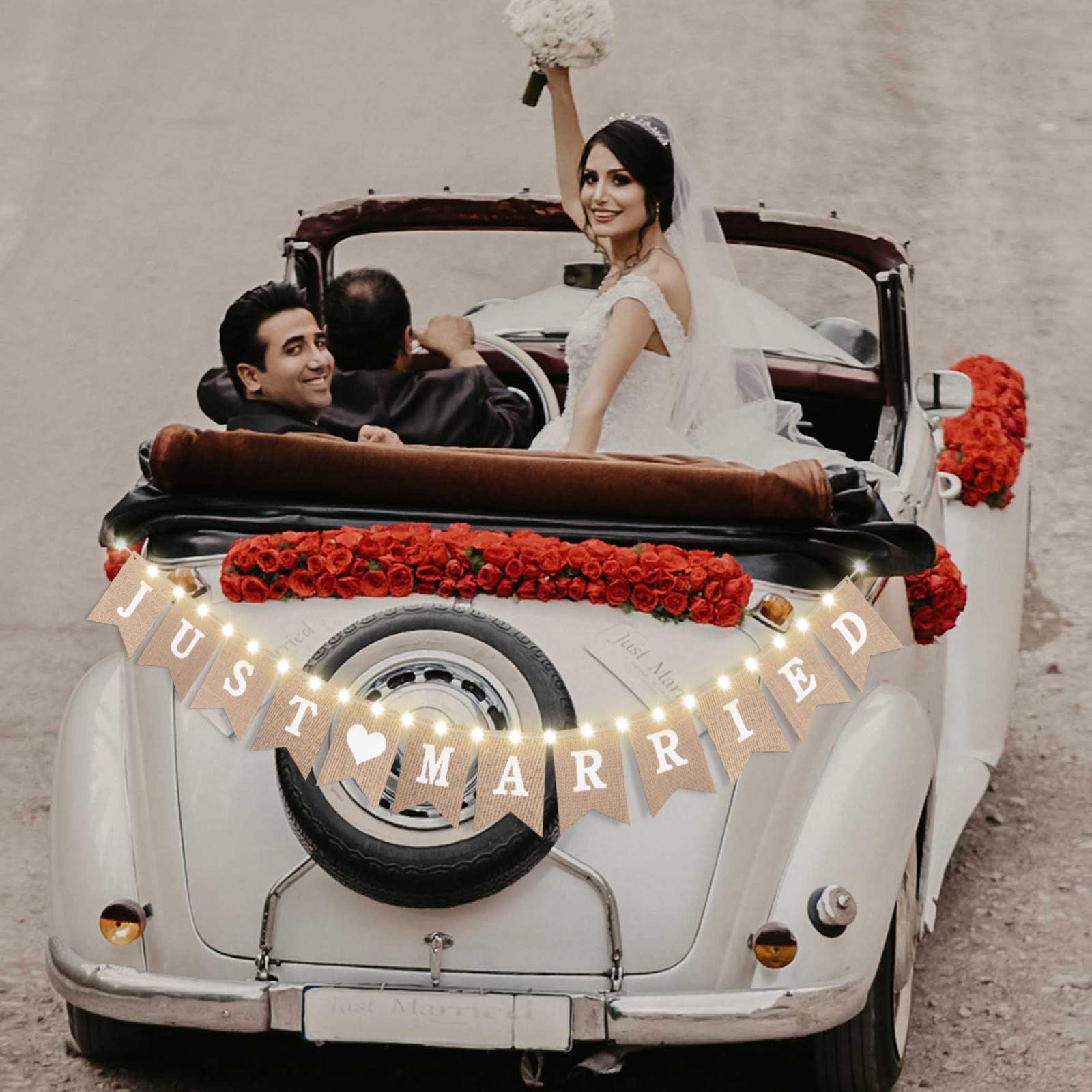 Just Married Burlap Banner, Wedding Bunting Banner with LED Fairy String Light 8 Flicker Mode, Hanging Sign Garland Pennant Photo Booth Props for Bridal Shower Wedding Engagement Car Party Decoration