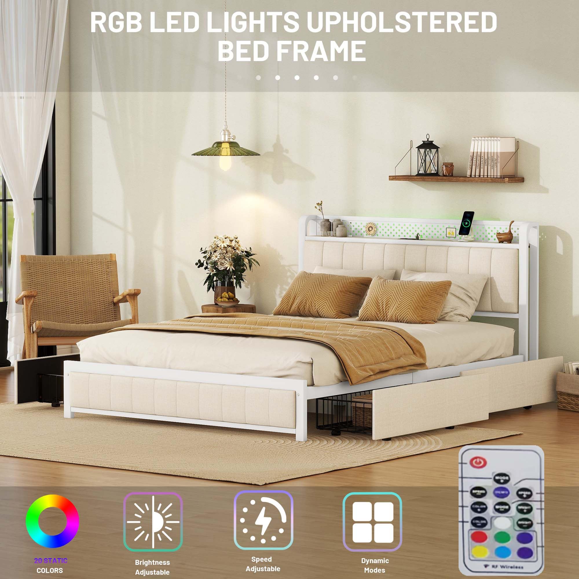 Queen Size Bed Frame with LED Headboard, Metal and Upholstered Platform Bed with Charging Station and 4 Drawers Storage, No Box Spring Needed, Beige
