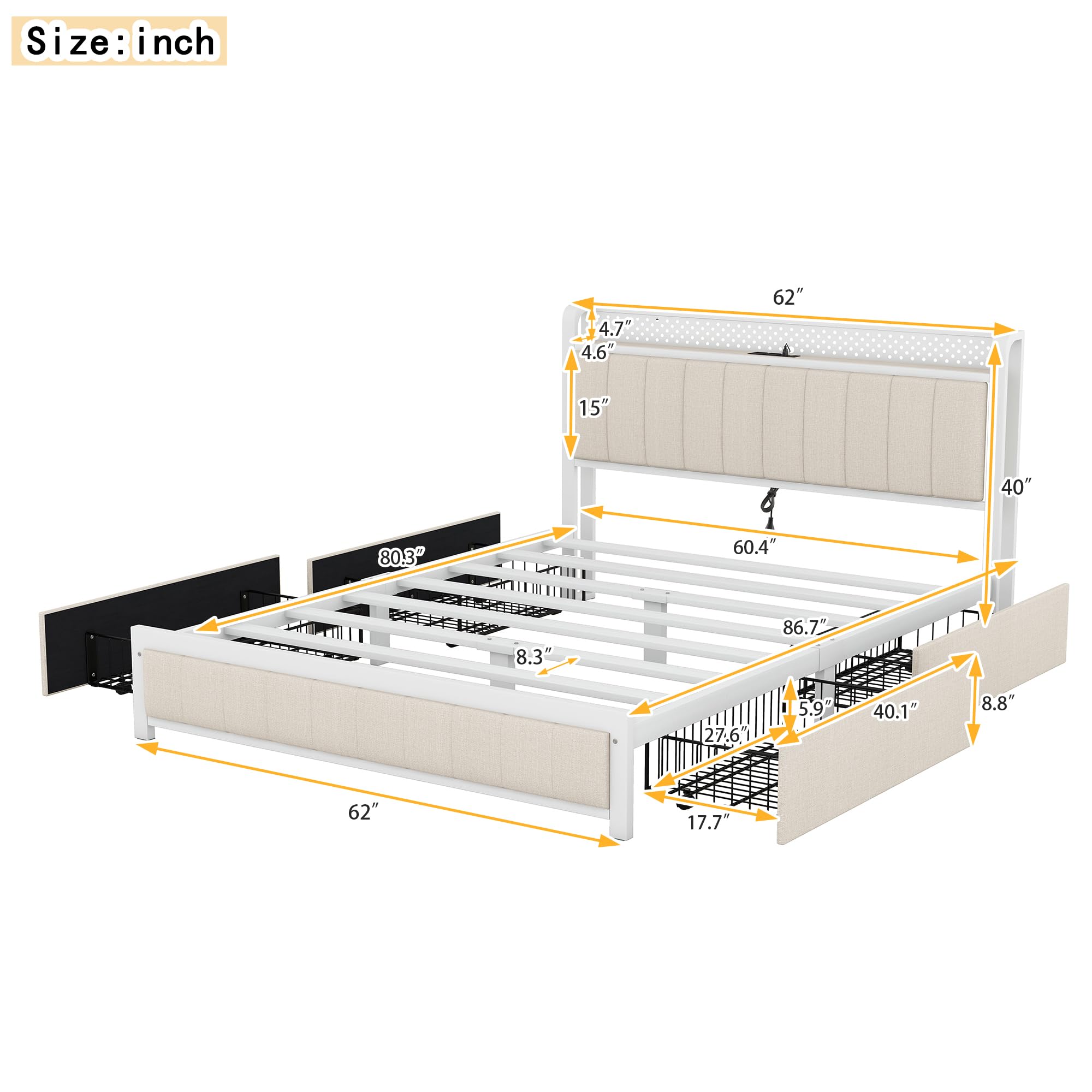 Queen Size Bed Frame with LED Headboard, Metal and Upholstered Platform Bed with Charging Station and 4 Drawers Storage, No Box Spring Needed, Beige